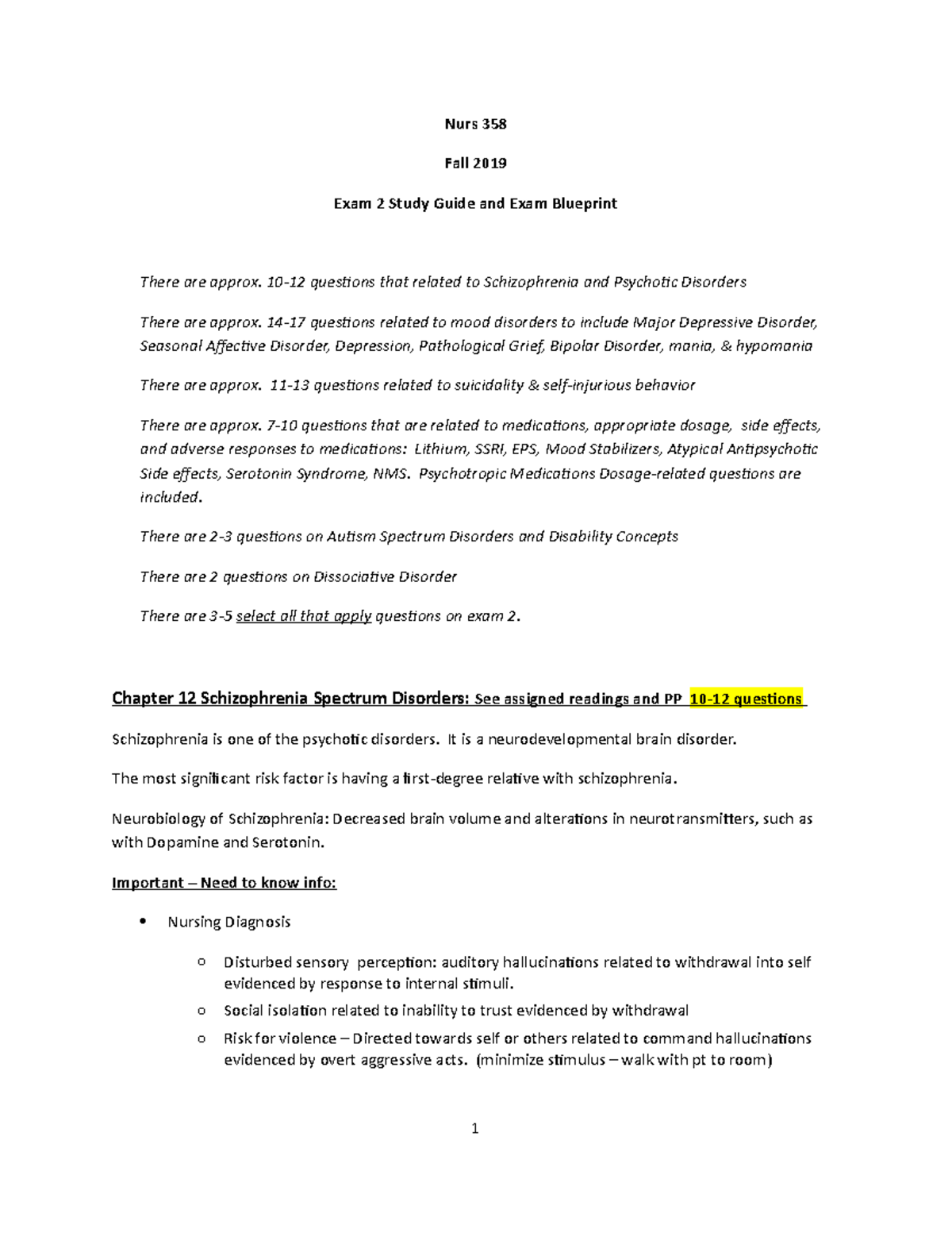NURS 358 mental health Exam 2 study guide Fall 2019 - Nurs 358 Fall ...