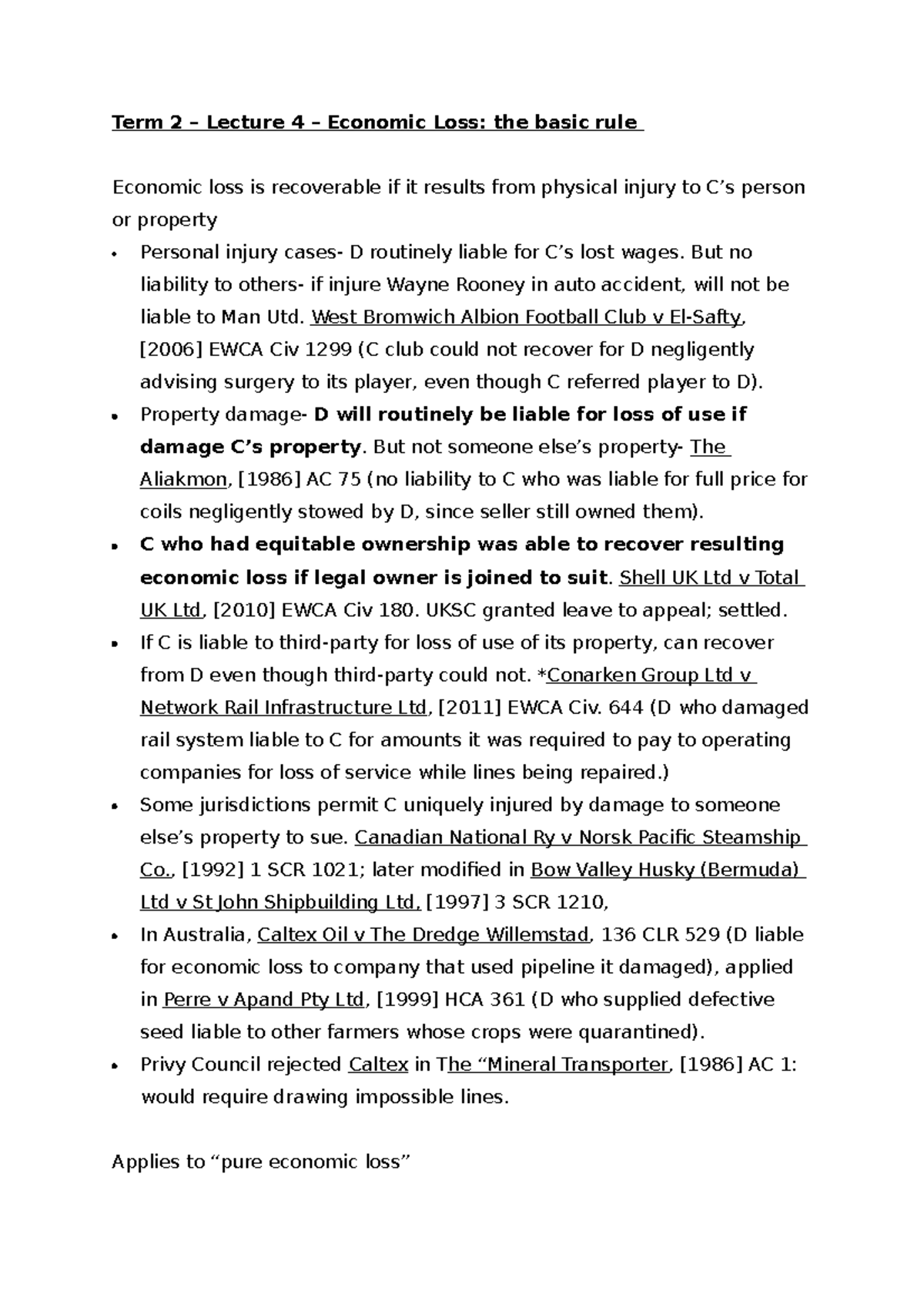 Economic loss - the basic rule - Term 2 – Lecture 4 – Economic Loss ...