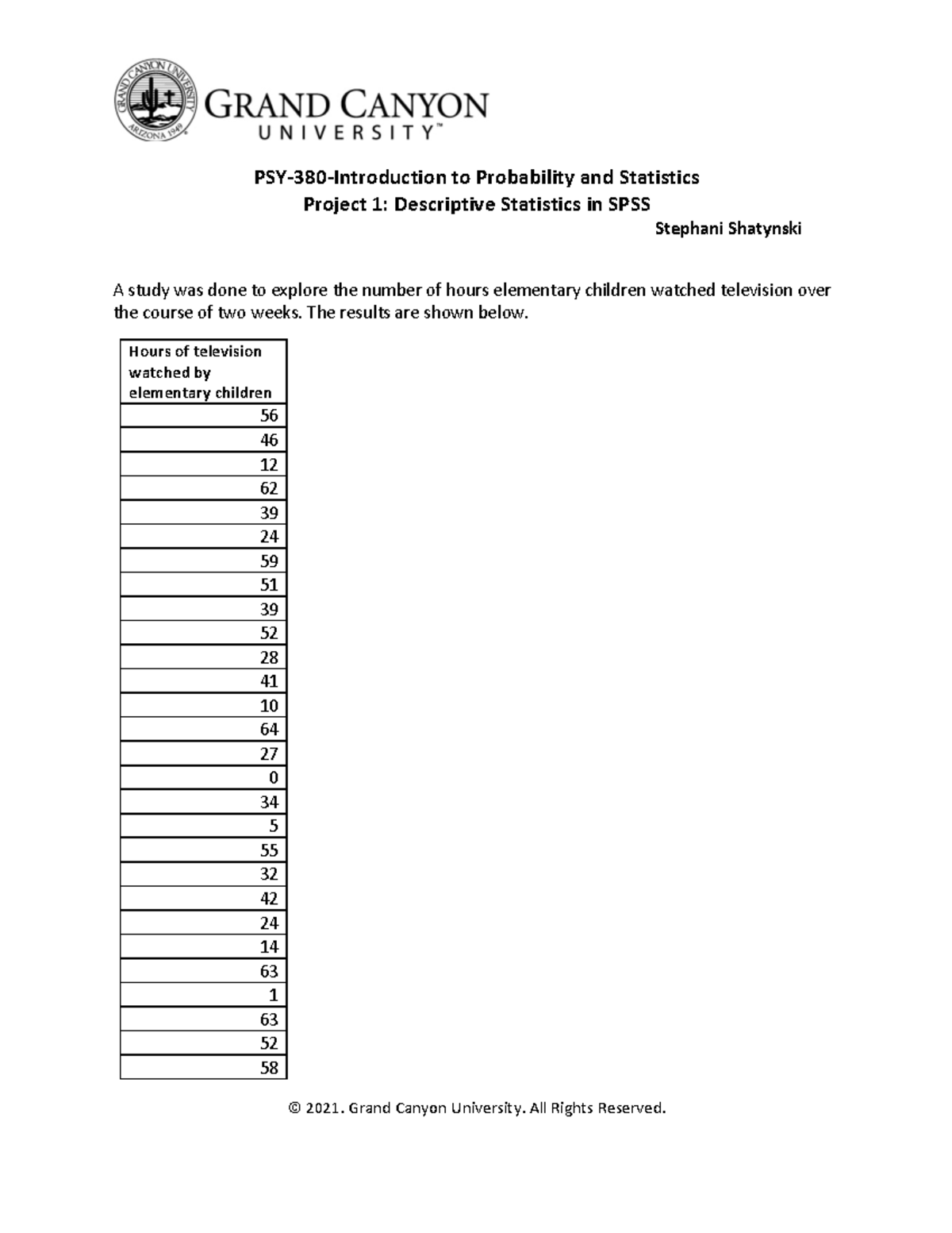 PSY380 RS T2 Project 1 Descriptive Stats SPSS - to Probability and ...