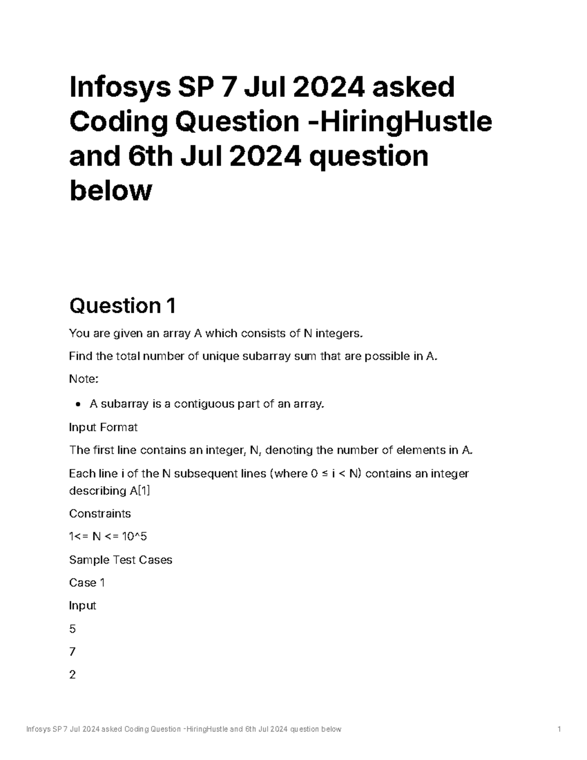 Infosys Sp 7 Jul 2024 Asked Coding Question Hirin
