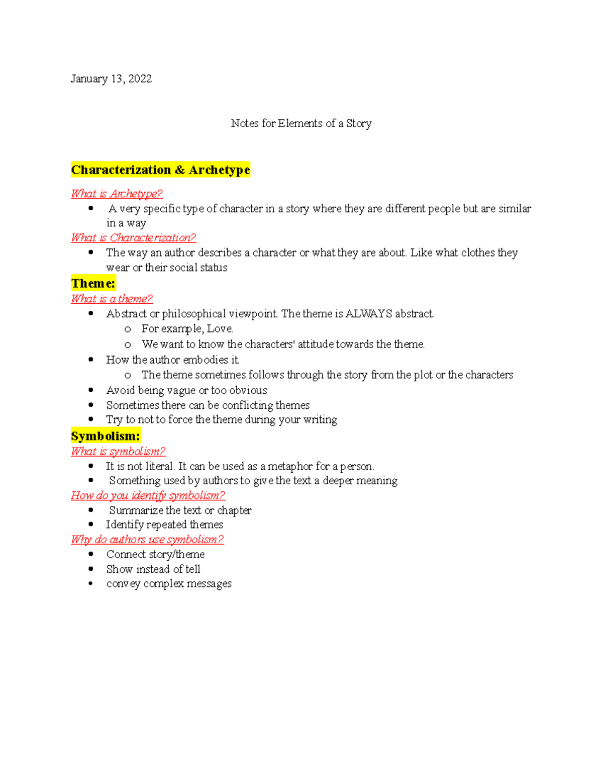 Elements of a Story Notes - January 13, 2022 Notes for Elements of a ...
