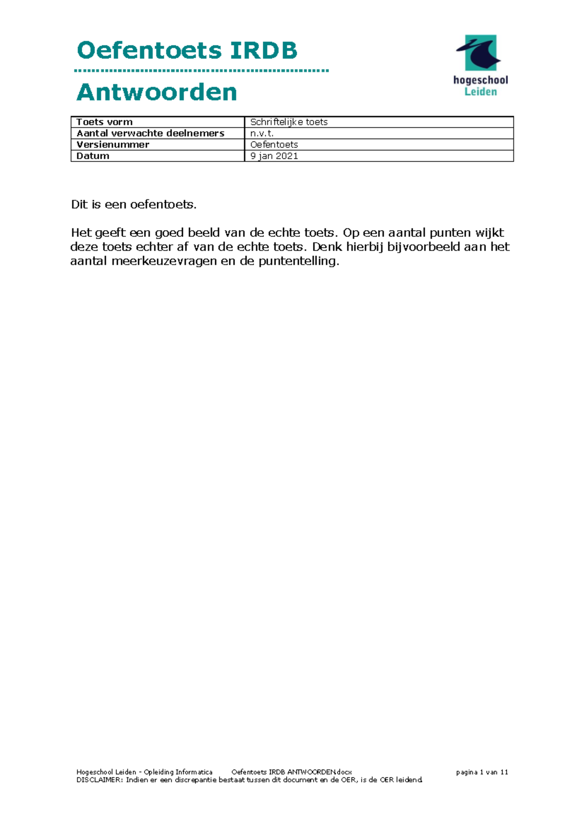 Oefentoets IRDB Antwoorden - Antwoorden Hogeschool Leiden - Opleiding ...