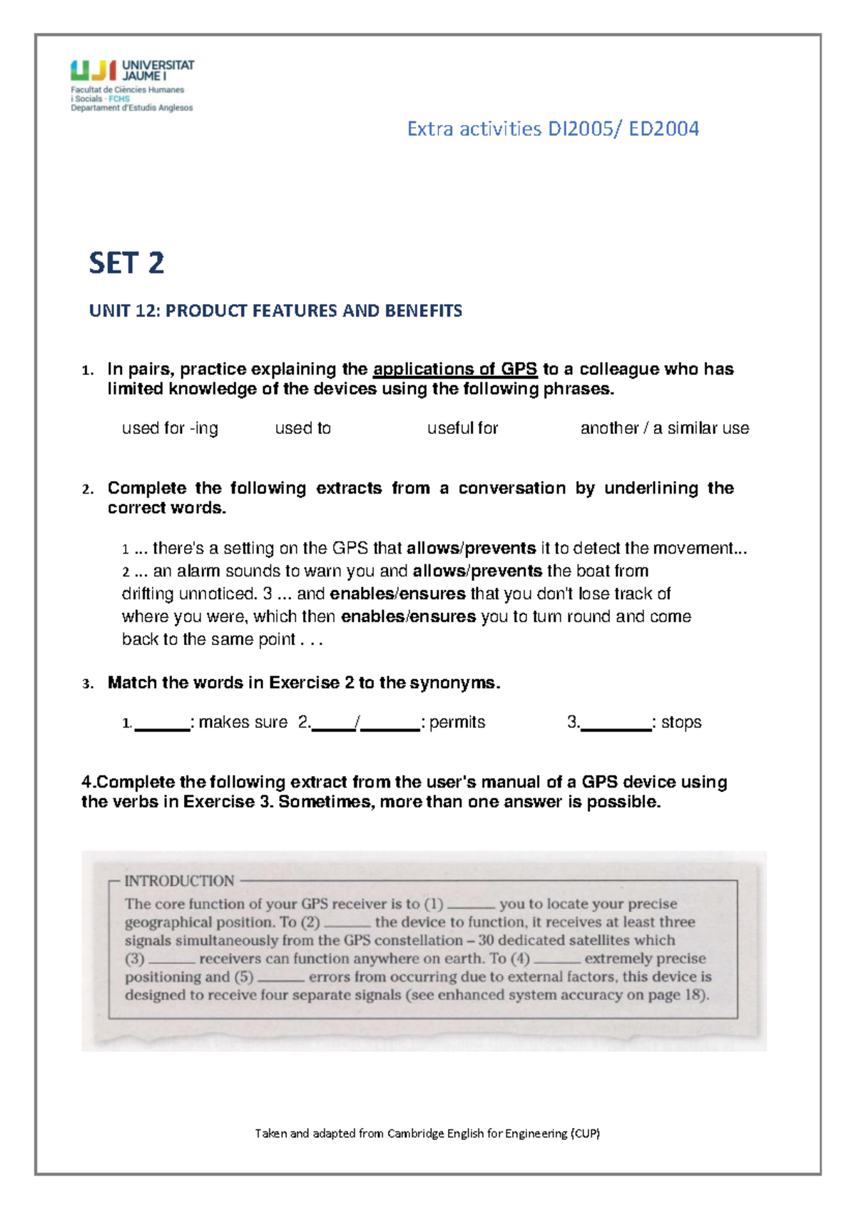 Extra Activities unit 12 - Extra activities DI2005/ ED SET 2 UNIT 12 ...