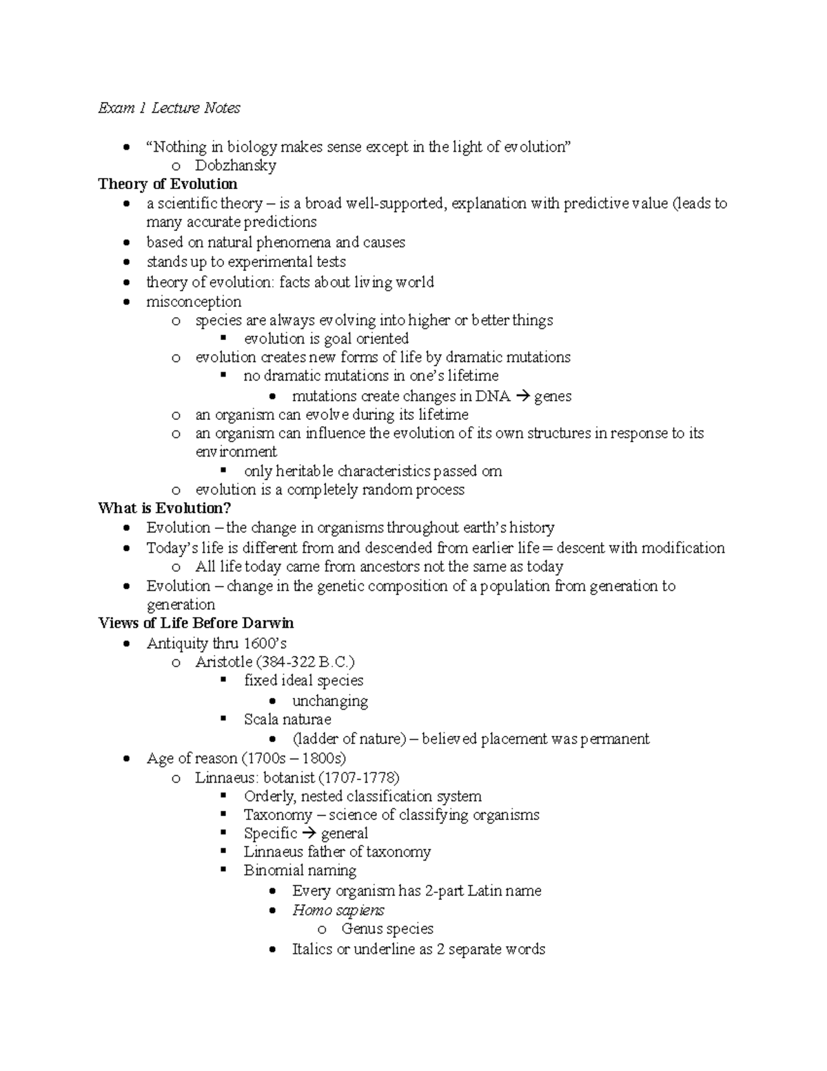 Exam 1 Lecture Notes pdf - Exam 1 Lecture Notes - “Nothing in biology ...