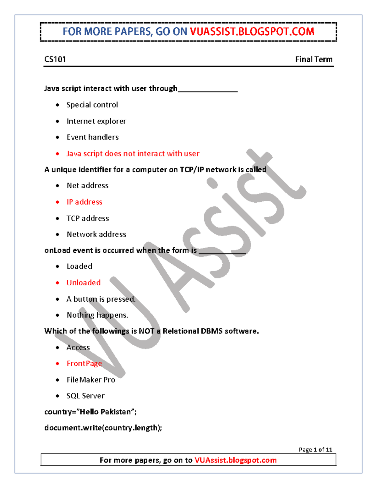 CS101 Final Term Past Paper 1-1 - Page 1 of 11 Java script interact with user through ...