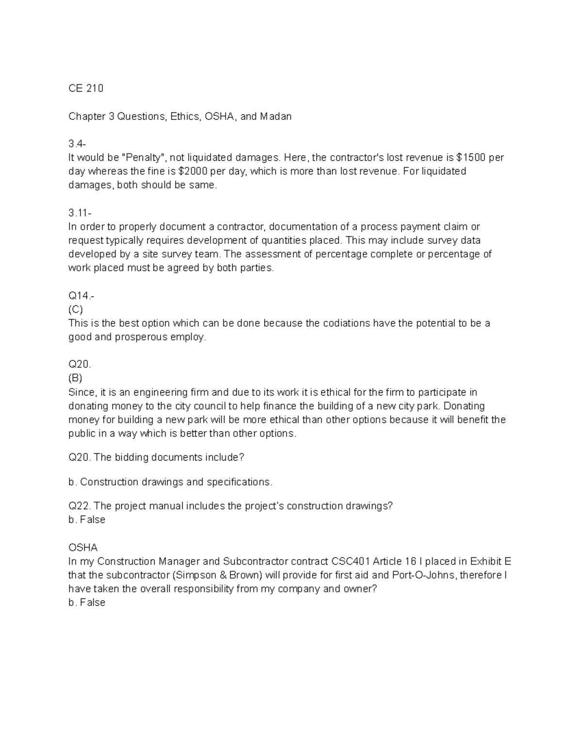 CE 210 HW2 - homework - CE 210 Chapter 3 Questions, Ethics, OSHA, and ...