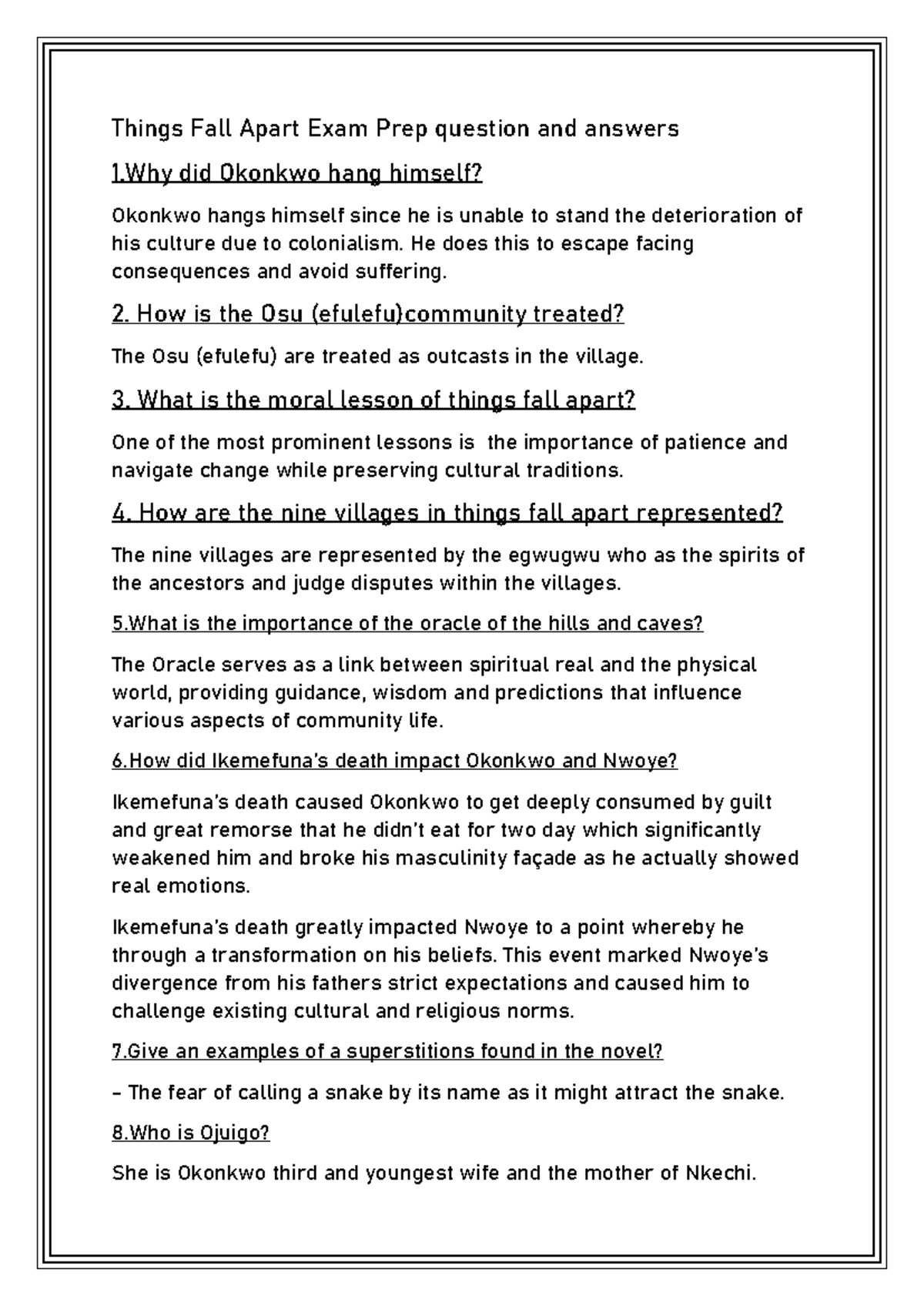 Things Fall Apart Exam Prep question and answers (part 1) - Things Fall ...