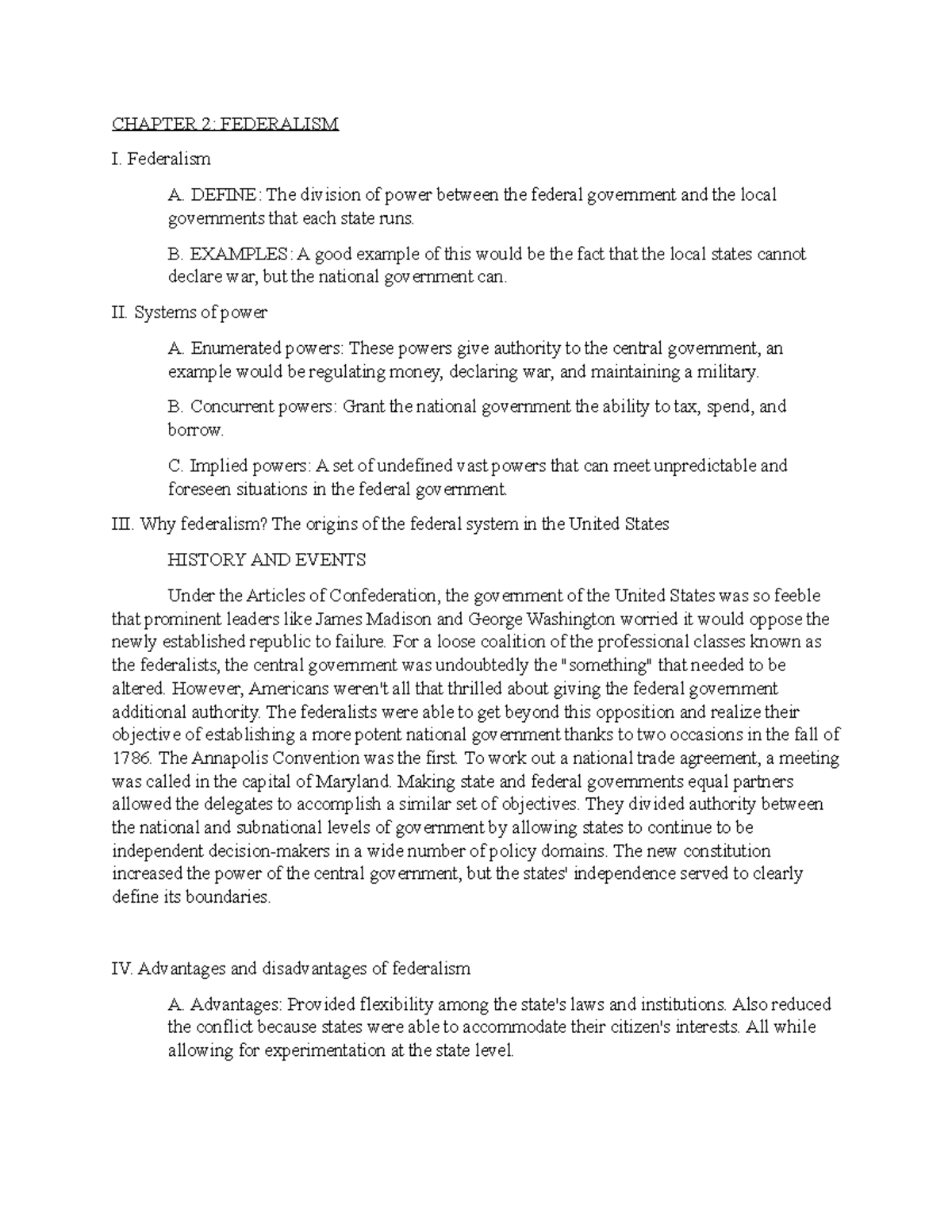 Chapter 4 study guide - CHAPTER 2: FEDERALISM I. Federalism A. DEFINE ...