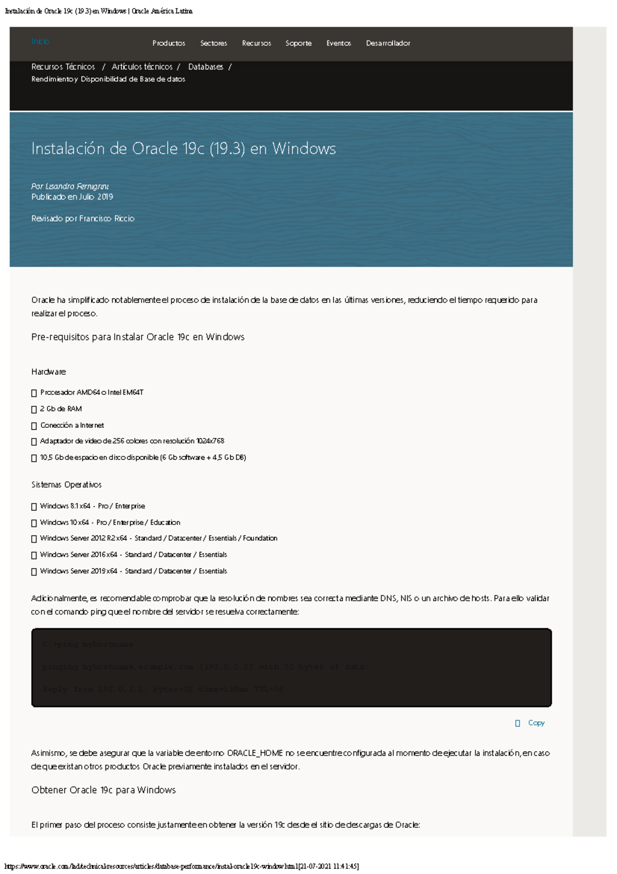 Instalación de Oracle 19c (193) en Windows Oracle América Latina - Oracle ha simplificado - Studocu