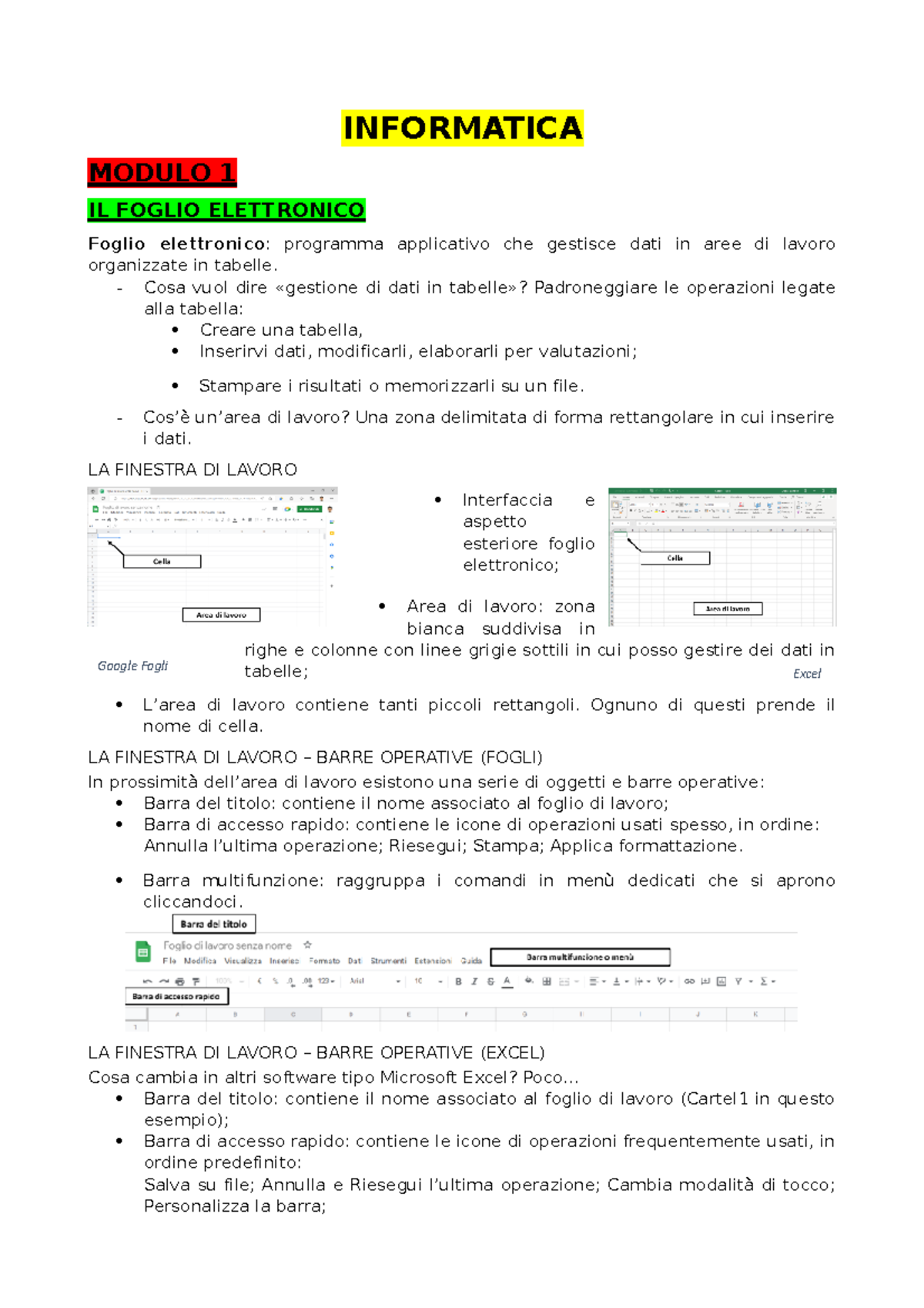 Informatica - INFORMATICA MODULO 1 IL FOGLIO ELETTRONICO Foglio ...