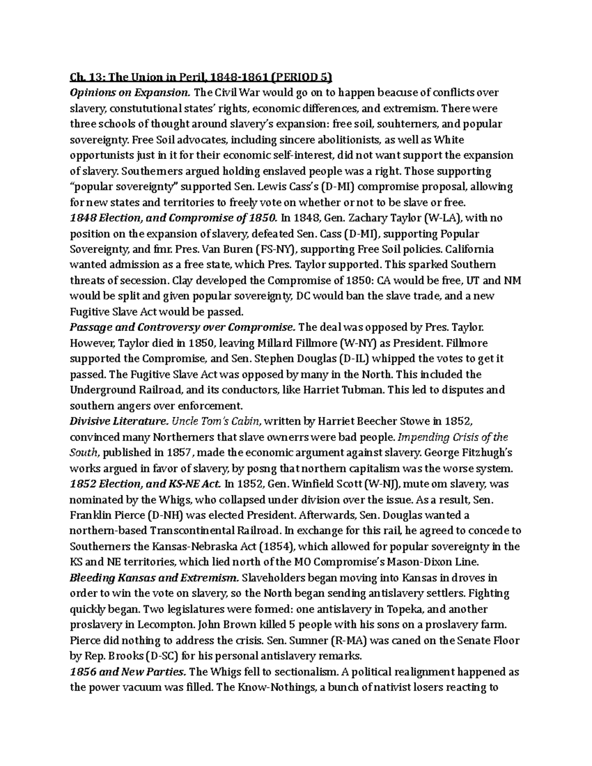 Chapter 13, 14, 15, 16 - Ch. 13: The Union in Peril, 1848-1861 (PERIOD ...