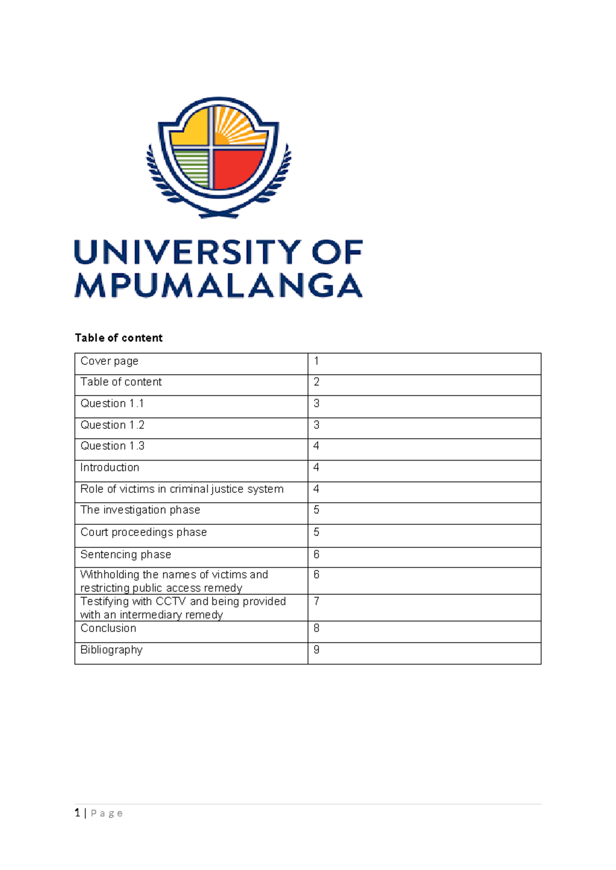 Criminal procedure 201 - Table of content Cover page 1 Table of content ...
