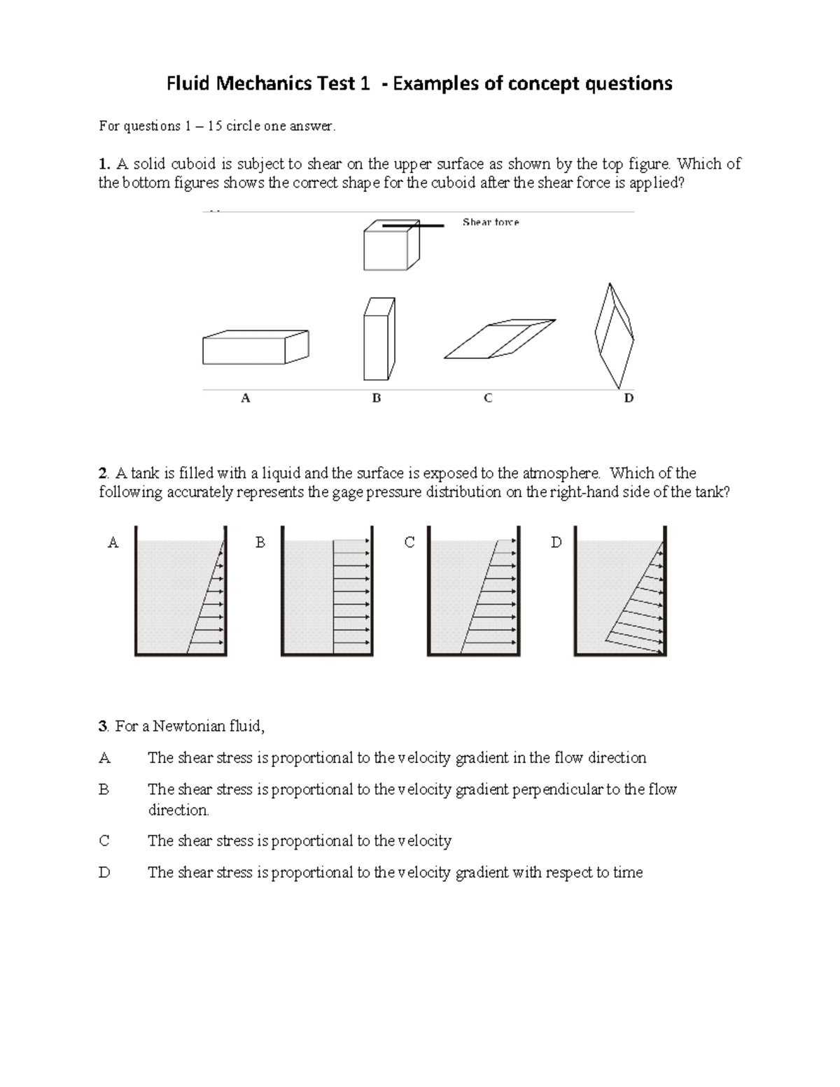 Fluids Test1 Concept-Questions - Fluid Mechanics Test 1 - Examples of ...