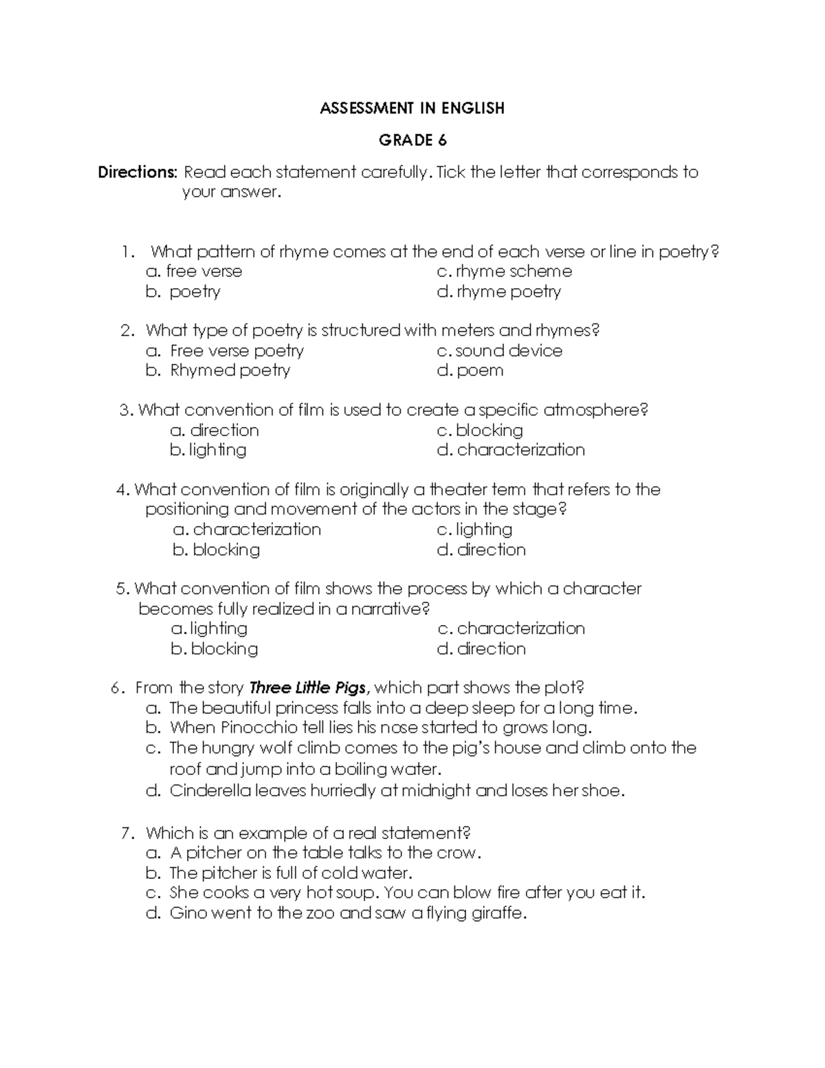 Final Q1 for G6 - assessment - ASSESSMENT IN ENGLISH GRADE 6 Directions ...