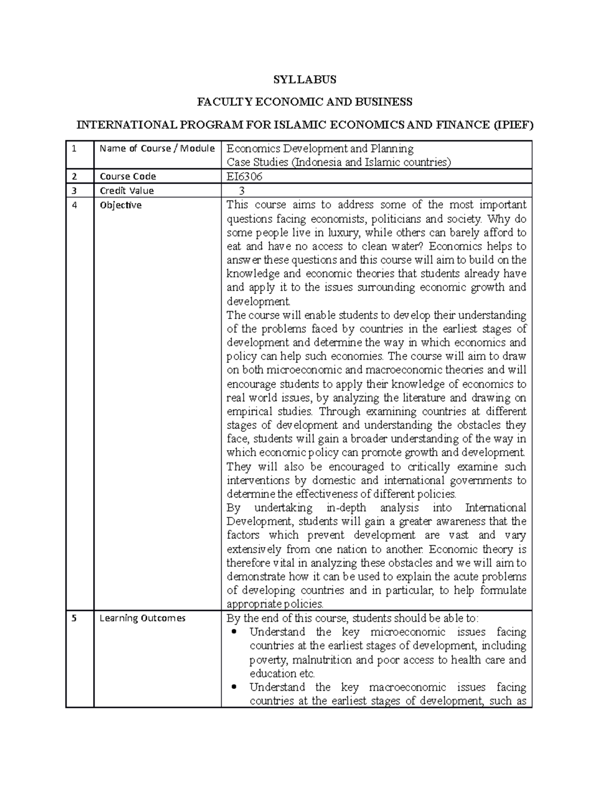 Syllabus Economics-Development and Planning - SYLLABUS FACULTY ECONOMIC ...