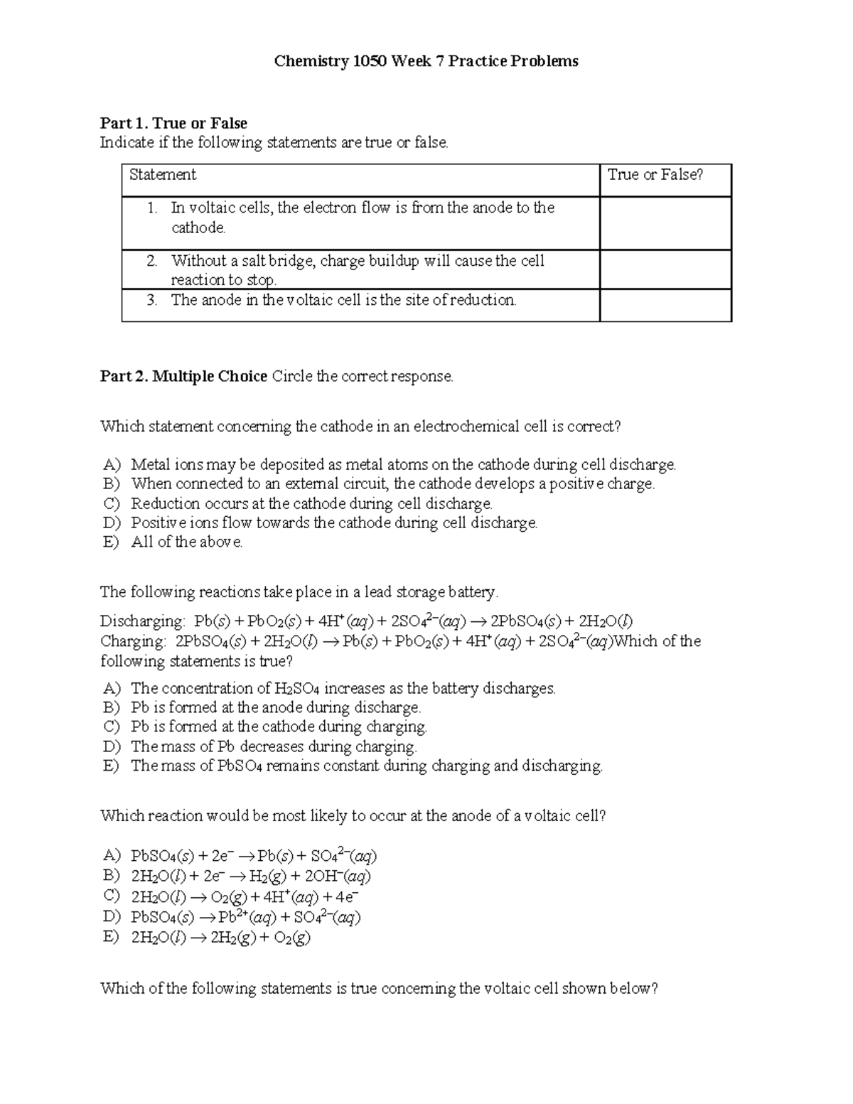 Week 7 Practice Problems - Part 1. True or False Indicate if the ...