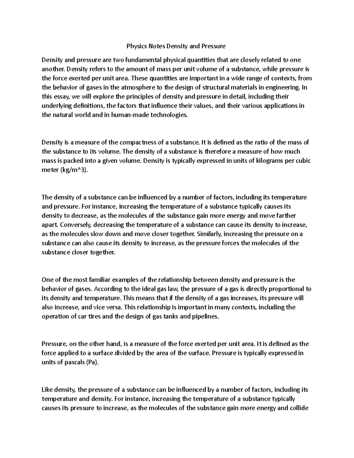 Physics Notes Density and Pressure - Physics Notes Density and Pressure ...