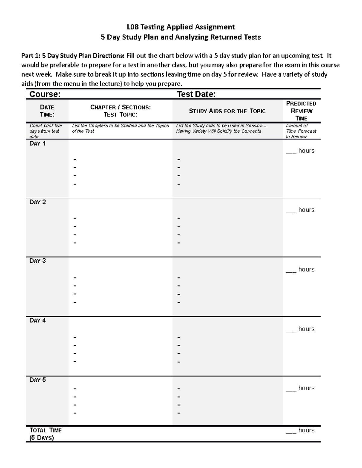 AA08 Applied Assignment - 5 Day Study Plan and Analyzing Returned Tests ...