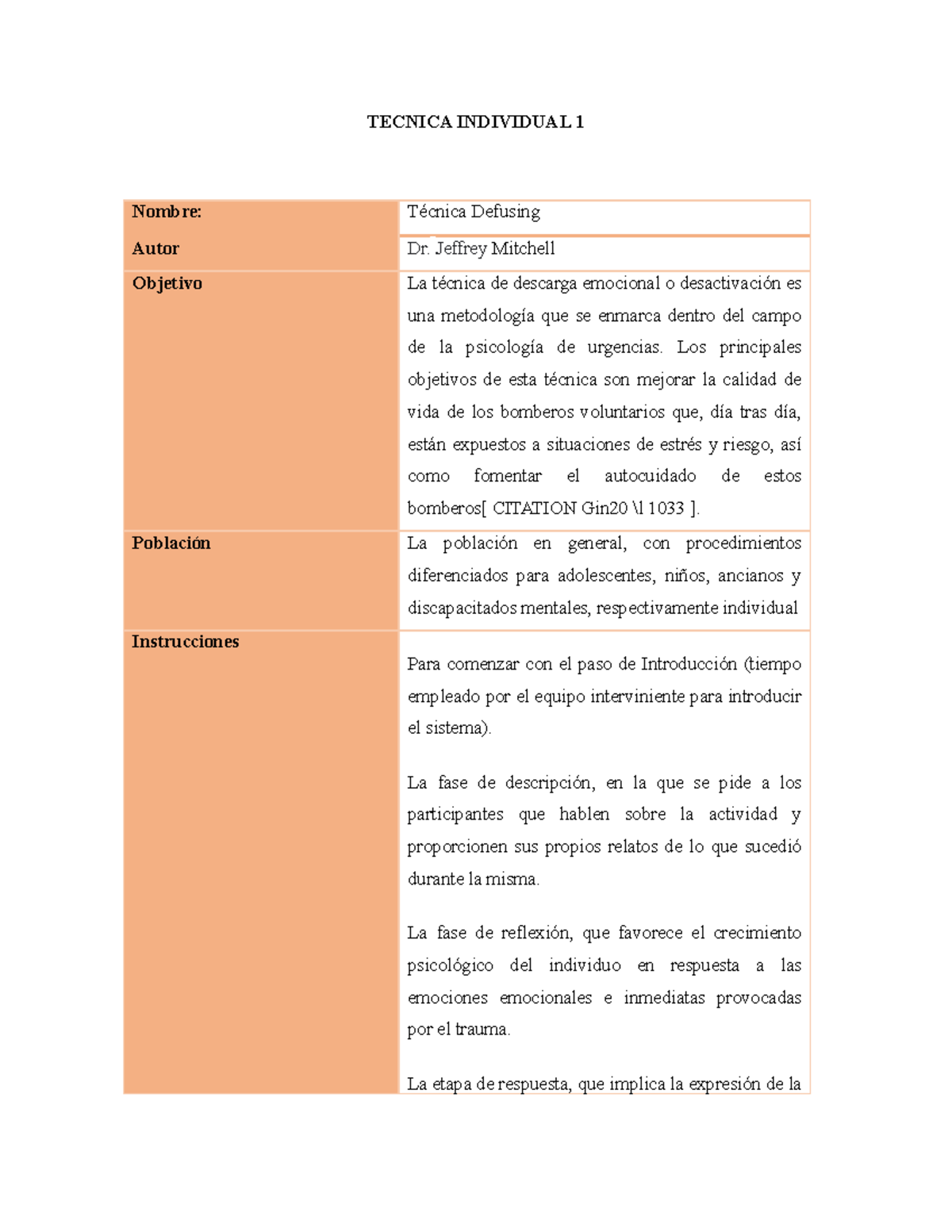 2 Tecnicas Individuales - TECNICA INDIVIDUAL 1 Nombre: Técnica Defusing ...