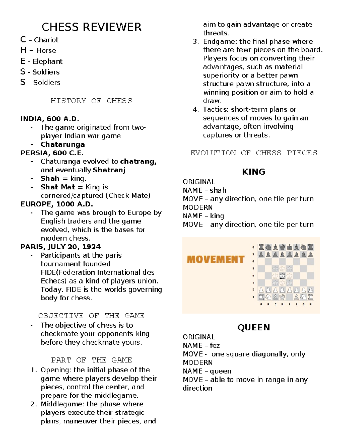 HOPE Reviewer - CHESS REVIEWER C – Chariot H – Horse E - Elephant S ...
