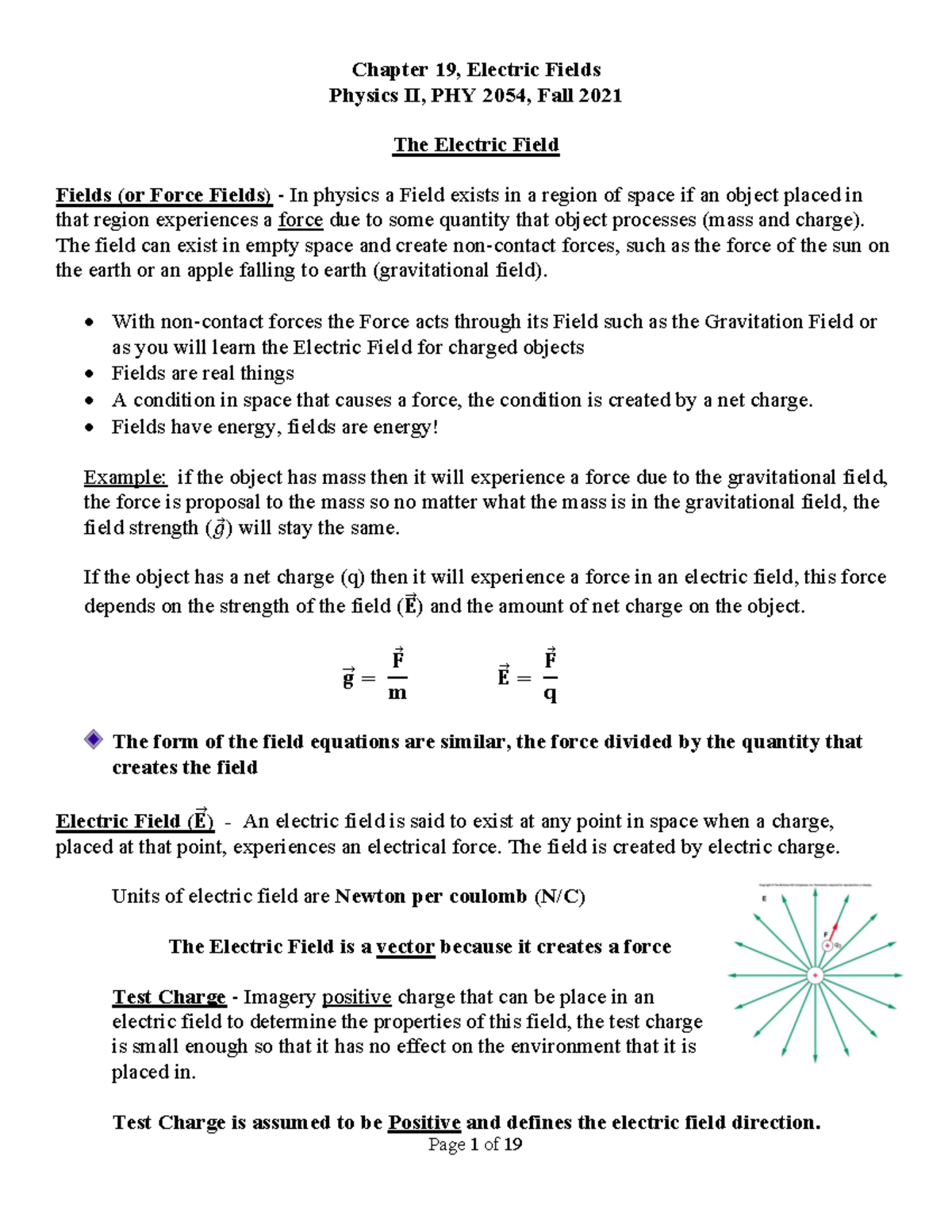 Chapter 19 - Electric Fields - Chapter 19, Electric Fields Physics II ...