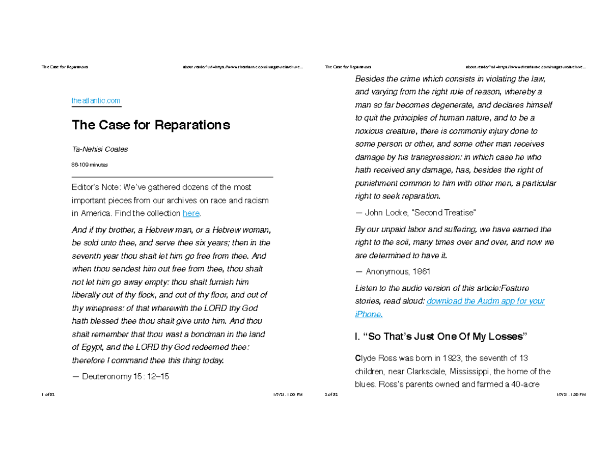 Coates - The Case for Reparations - theatlantic The Case for ...