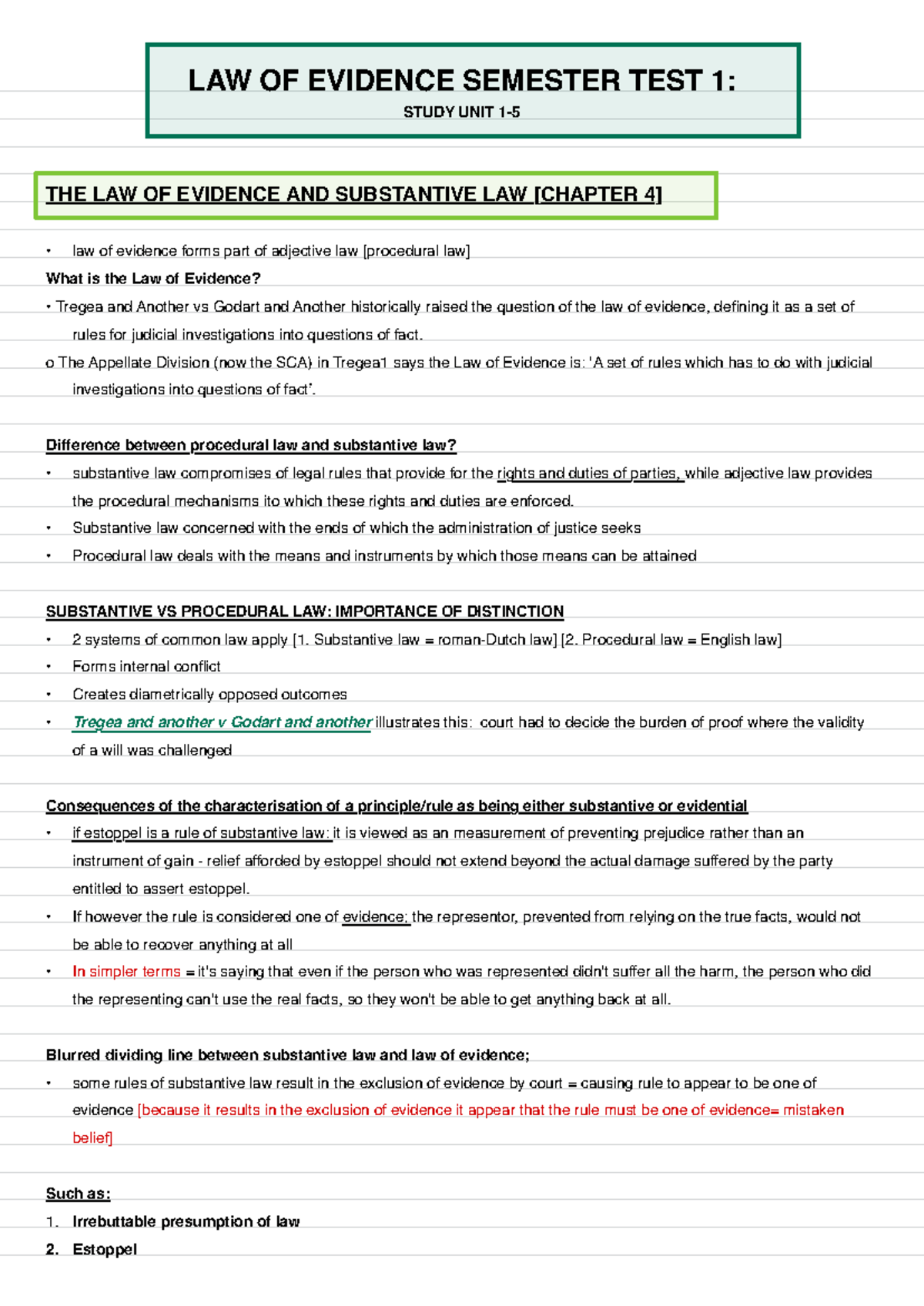 BWR semester test 1 notes - LAW OF EVIDENCE SEMESTER TEST 1: STUDY UNIT ...