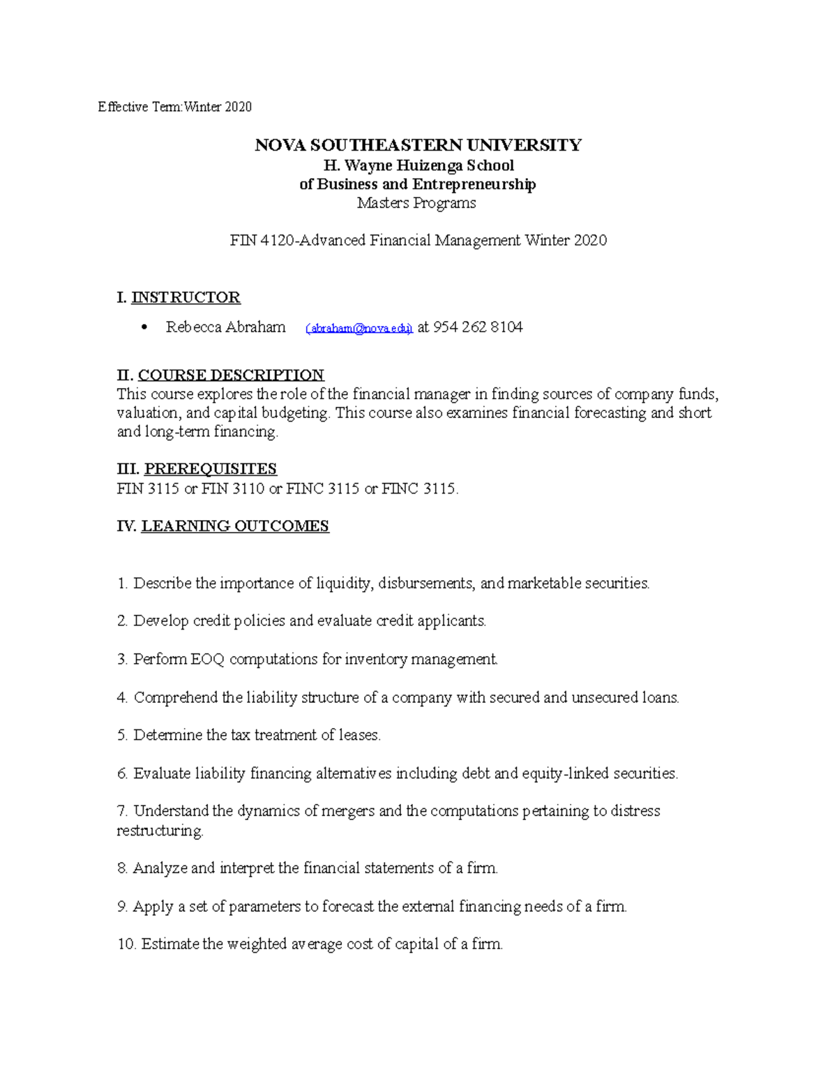 FIN 4120-Syllabus - Syllabus for Advanced Financial Management ...