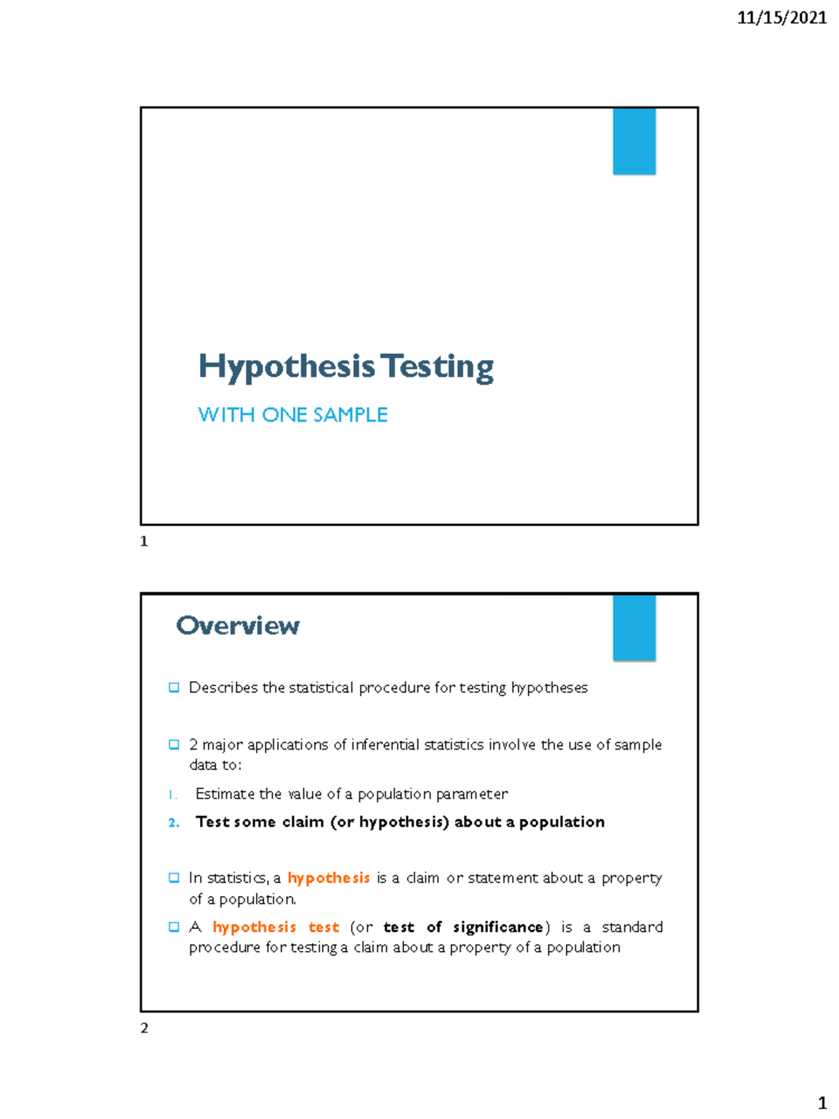 Ch7-Hypothesis Testing-1 - Hypothesis Testing WITH ONE SAMPLE Overview ...