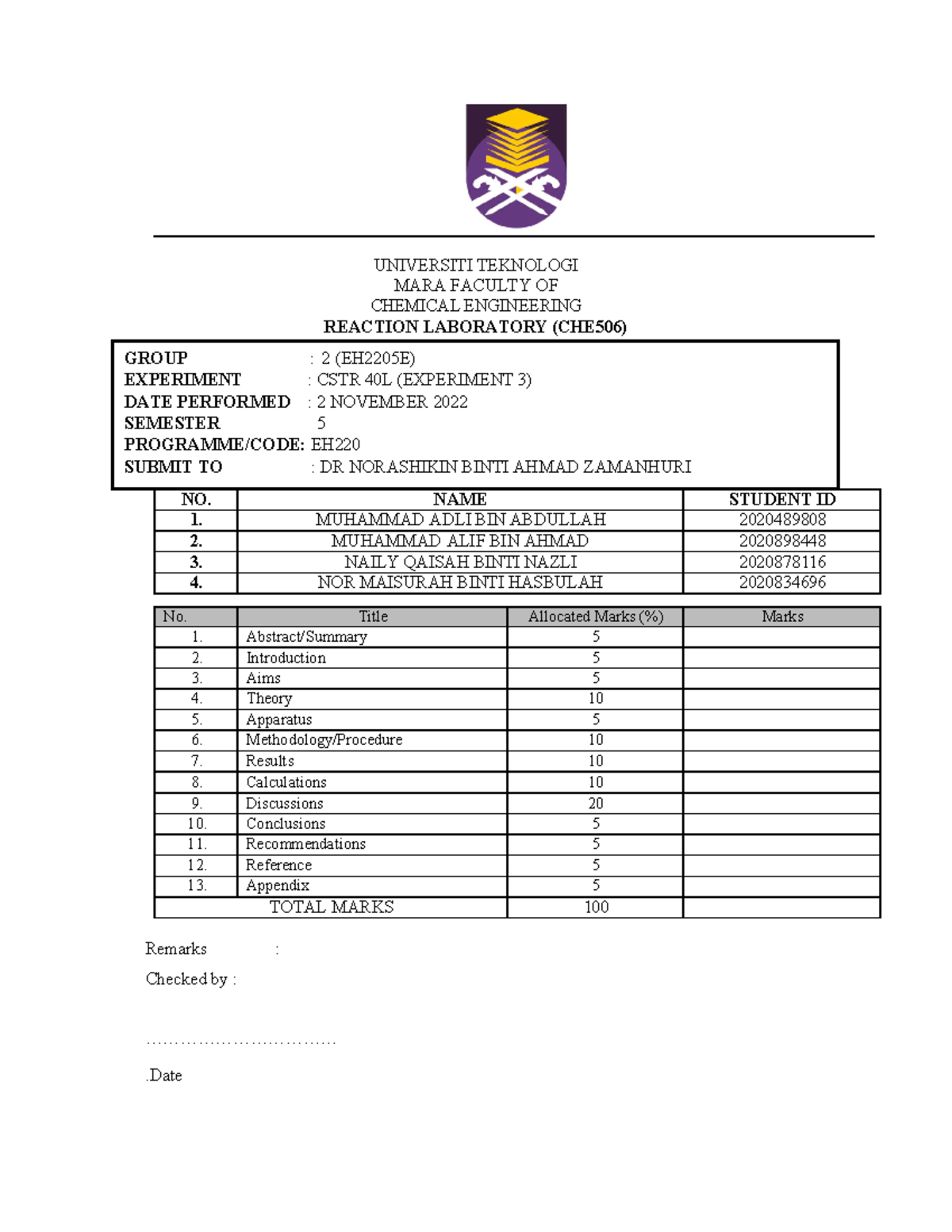 LAB3 Group 2 WEEK4 EH2205E - Remarks: GROUP : 2 (EH2205E) EXPERIMENT ...