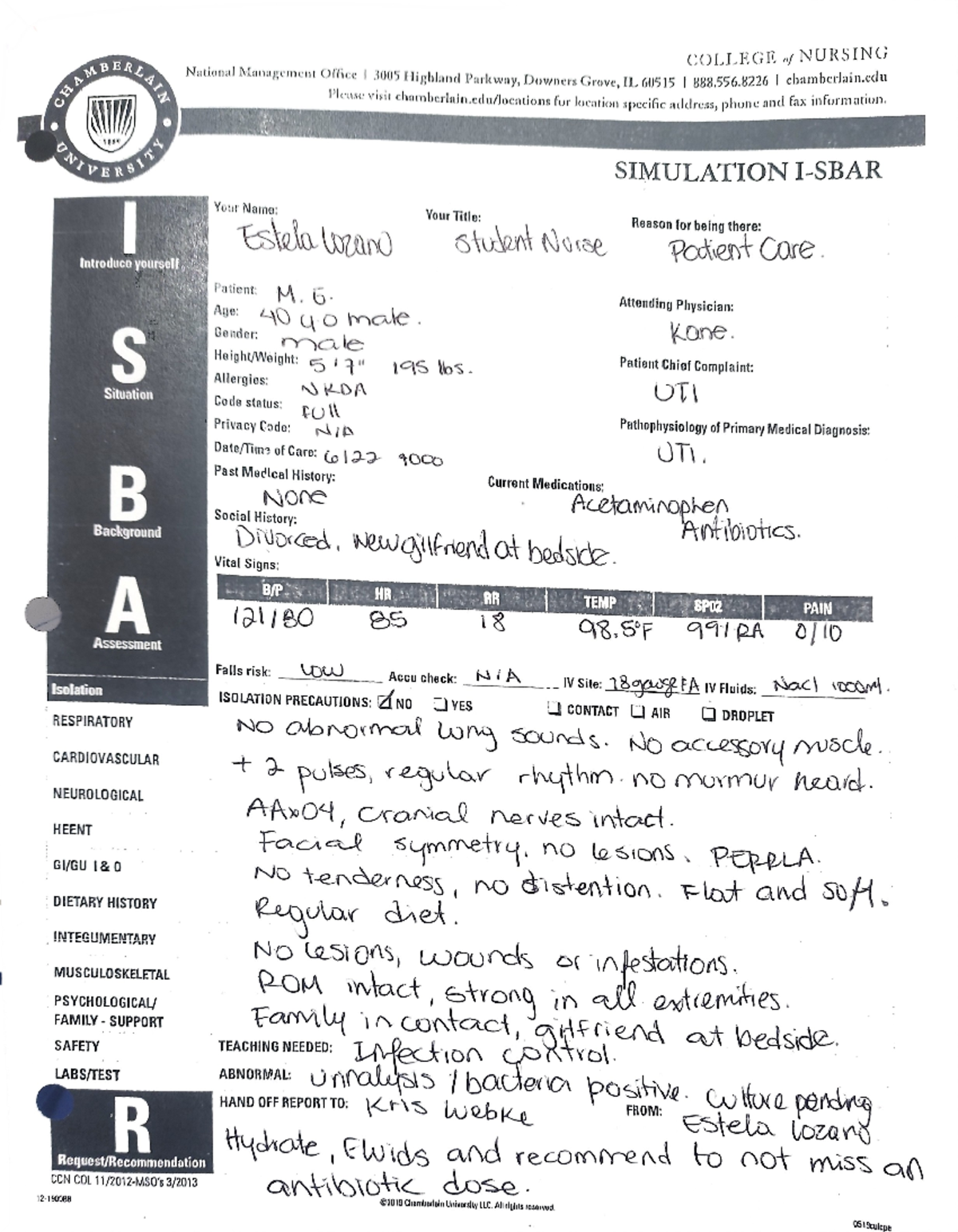 Isbar 6 22 - collab chamberlain - COLLEGE of NURSING ON M National ...