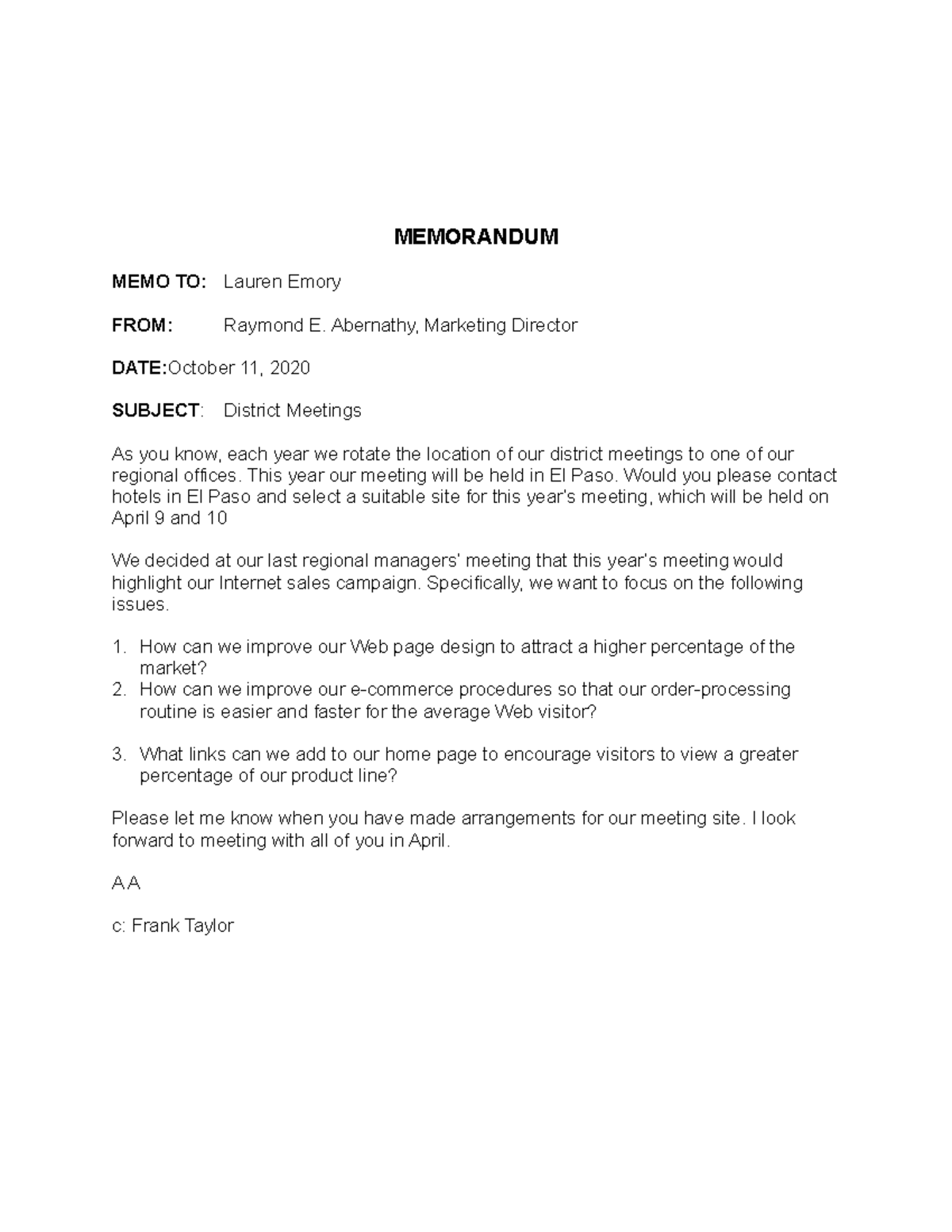 Number List Memo with credentials - MEMORANDUM MEMO TO: Lauren Emory ...