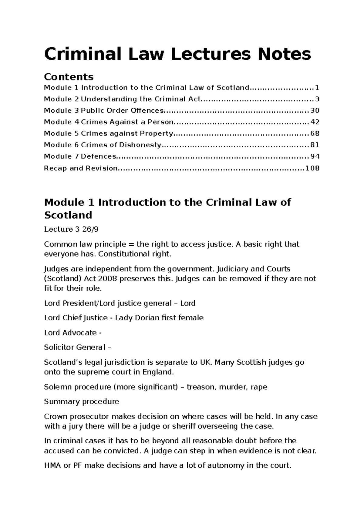 Criminal Law Lecture Notes - Criminal Law Lectures Notes Contents ...