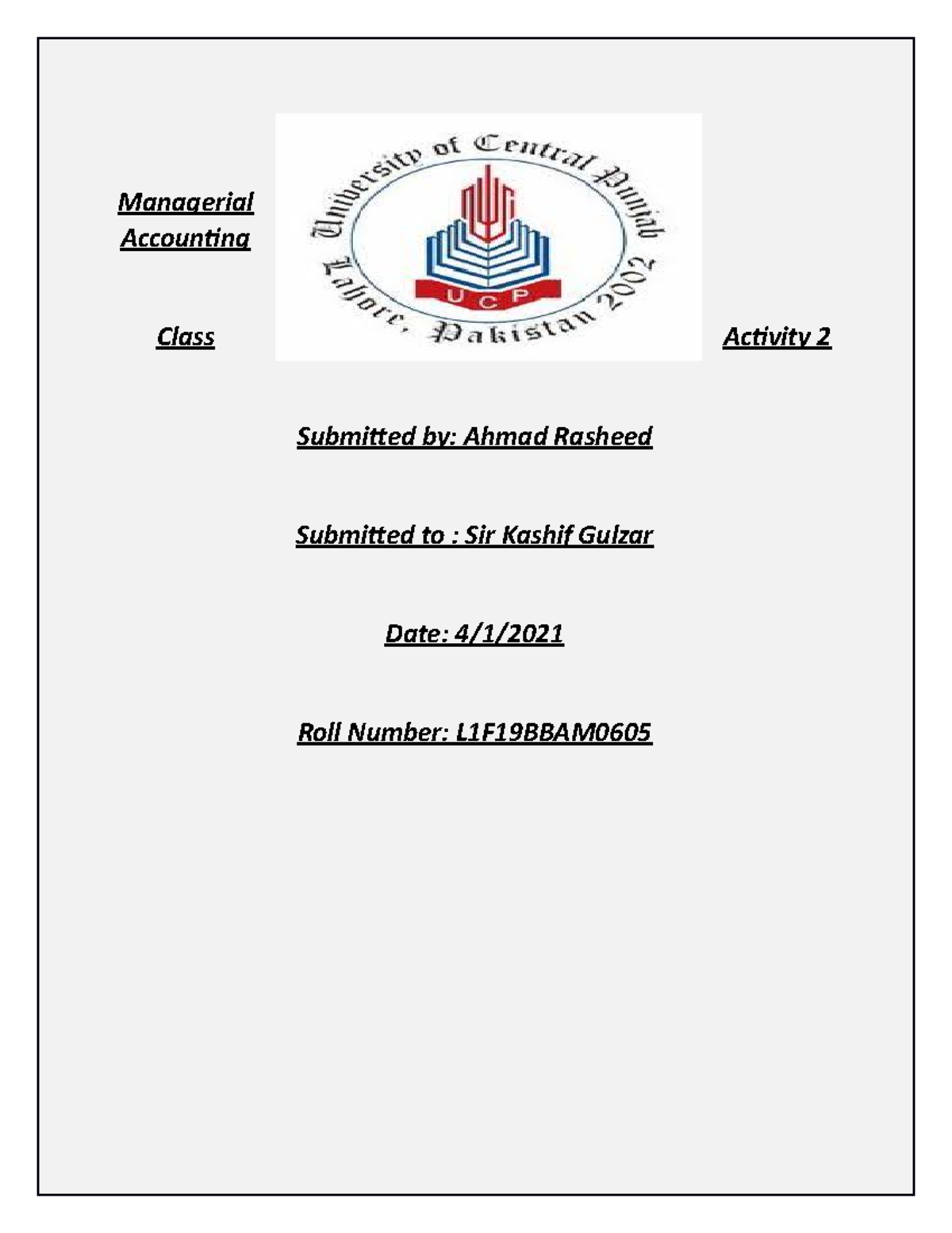 Accounting class activity - Managerial Accounting Class Activity 2 ...