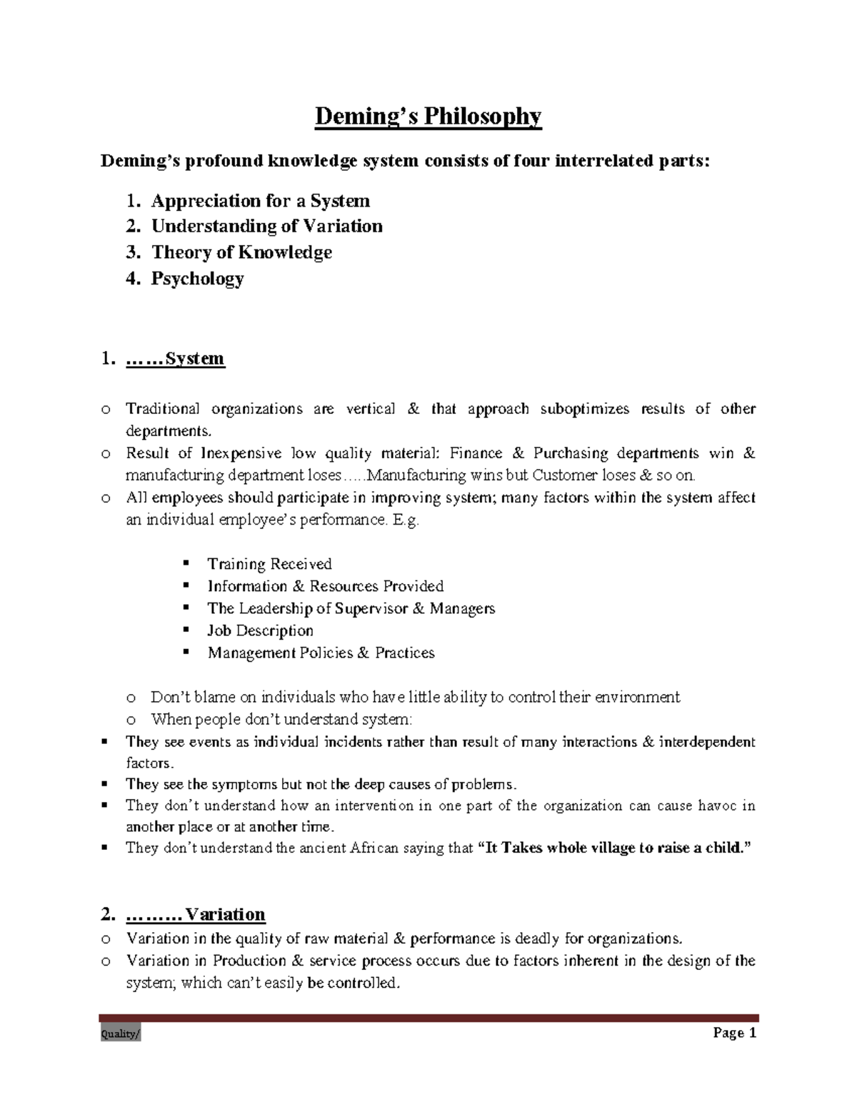 Deming Profound Knowledge system - Quality/ Page 1 Deming’s Philosophy ...