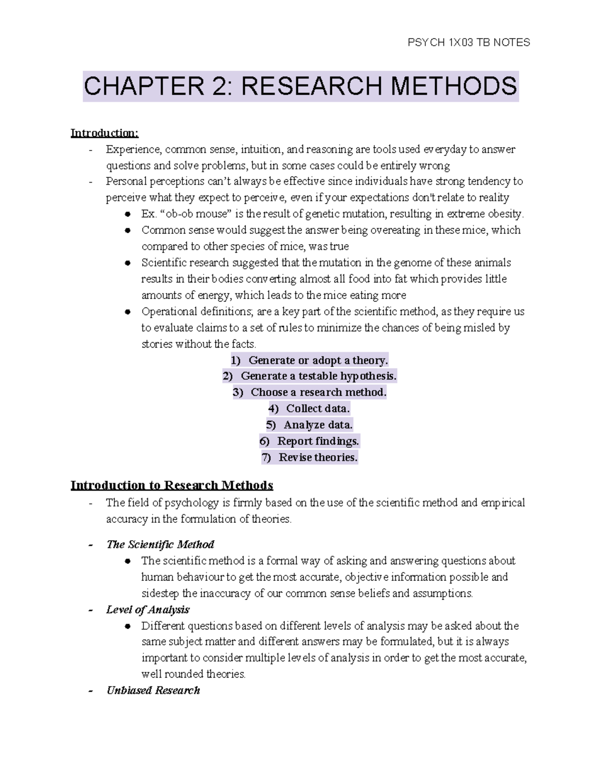 PSYCH 1X03 TB Notes - CHAPTER 2: RESEARCH METHODS Introduction ...