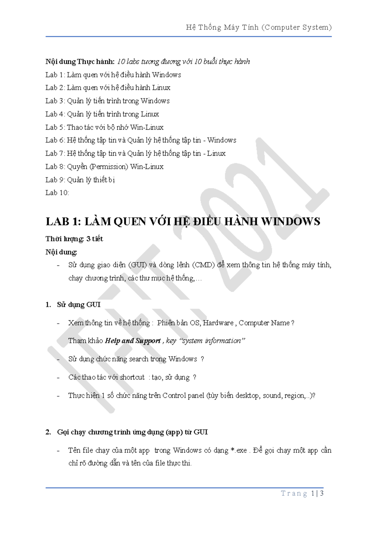 Lab1 lam quen voi hdh Windows - Hệ Thống Máy Tính (Computer System) Nội dung Thực hành: 10 labs ...