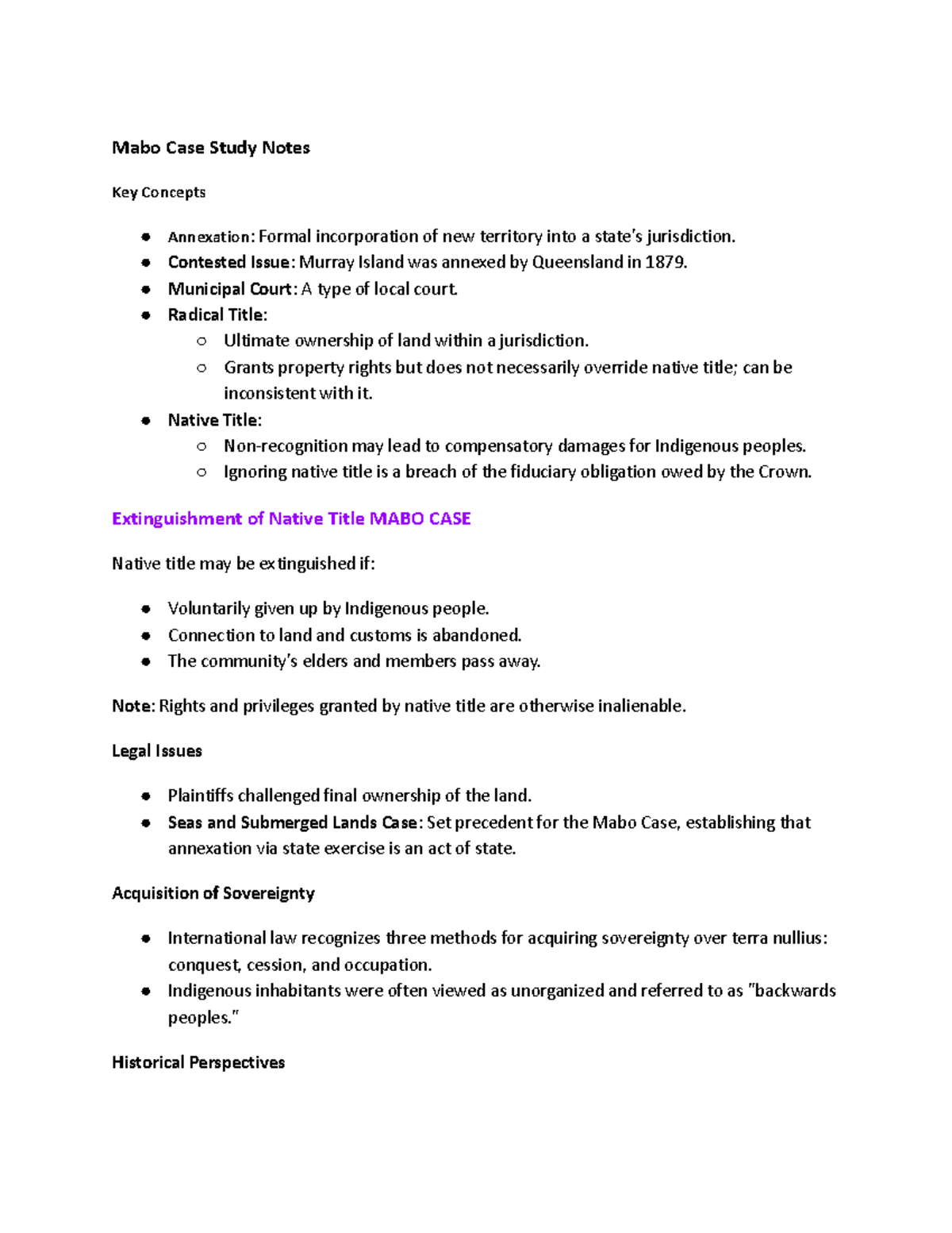 Mabo Case Study Notes - Contested Issue: Murray Island was annexed by ...