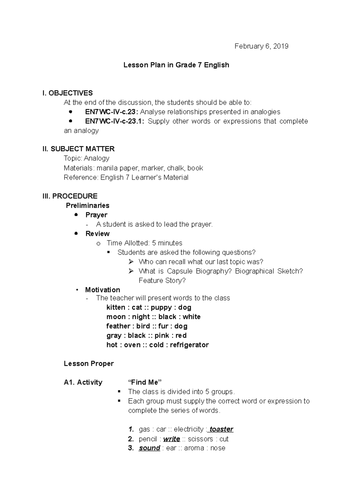 Analogy - February 6, 2019 Lesson Plan in Grade 7 English I. OBJECTIVES ...