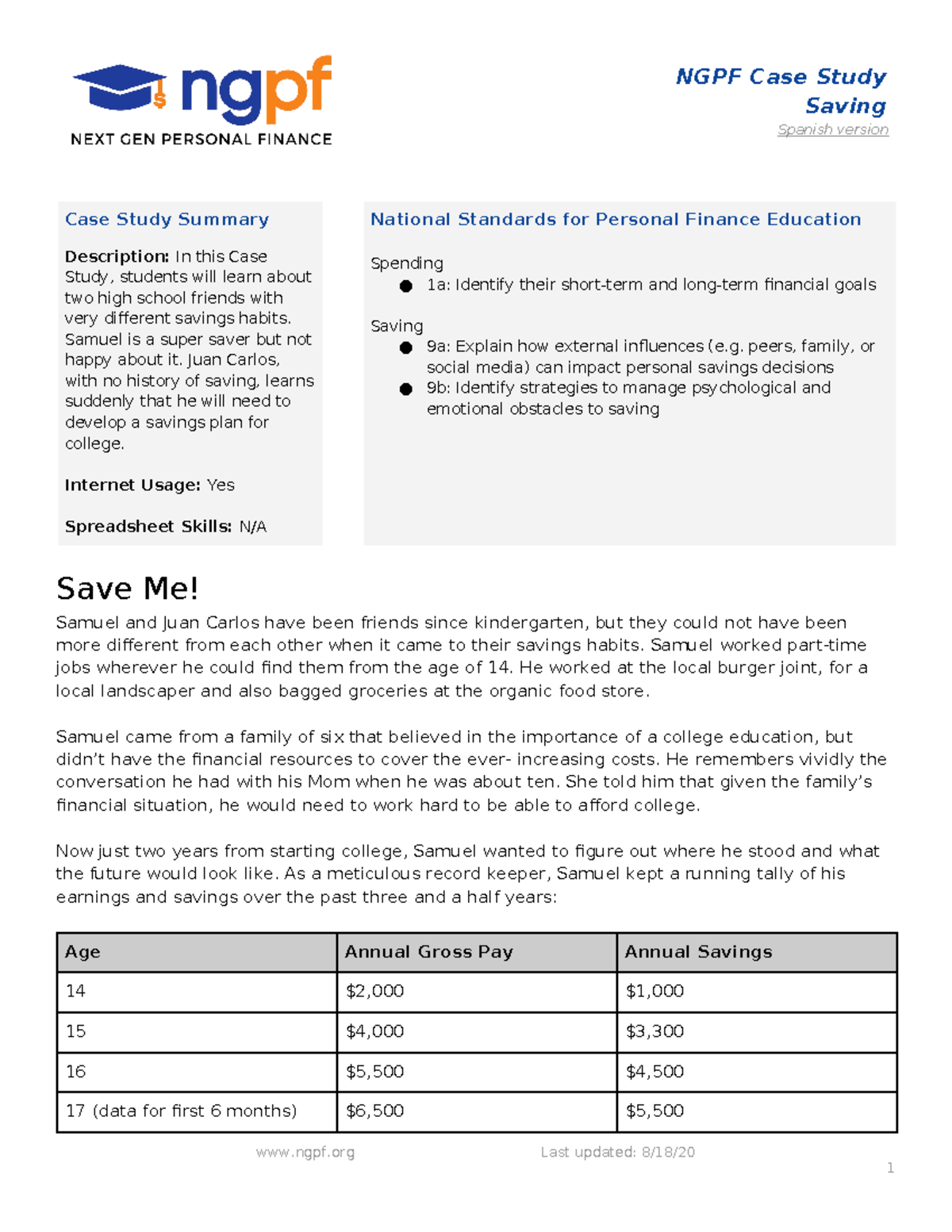 Saving CS Save Me - uehuejhdeiw - NGPF Case Study Saving Spanish ...