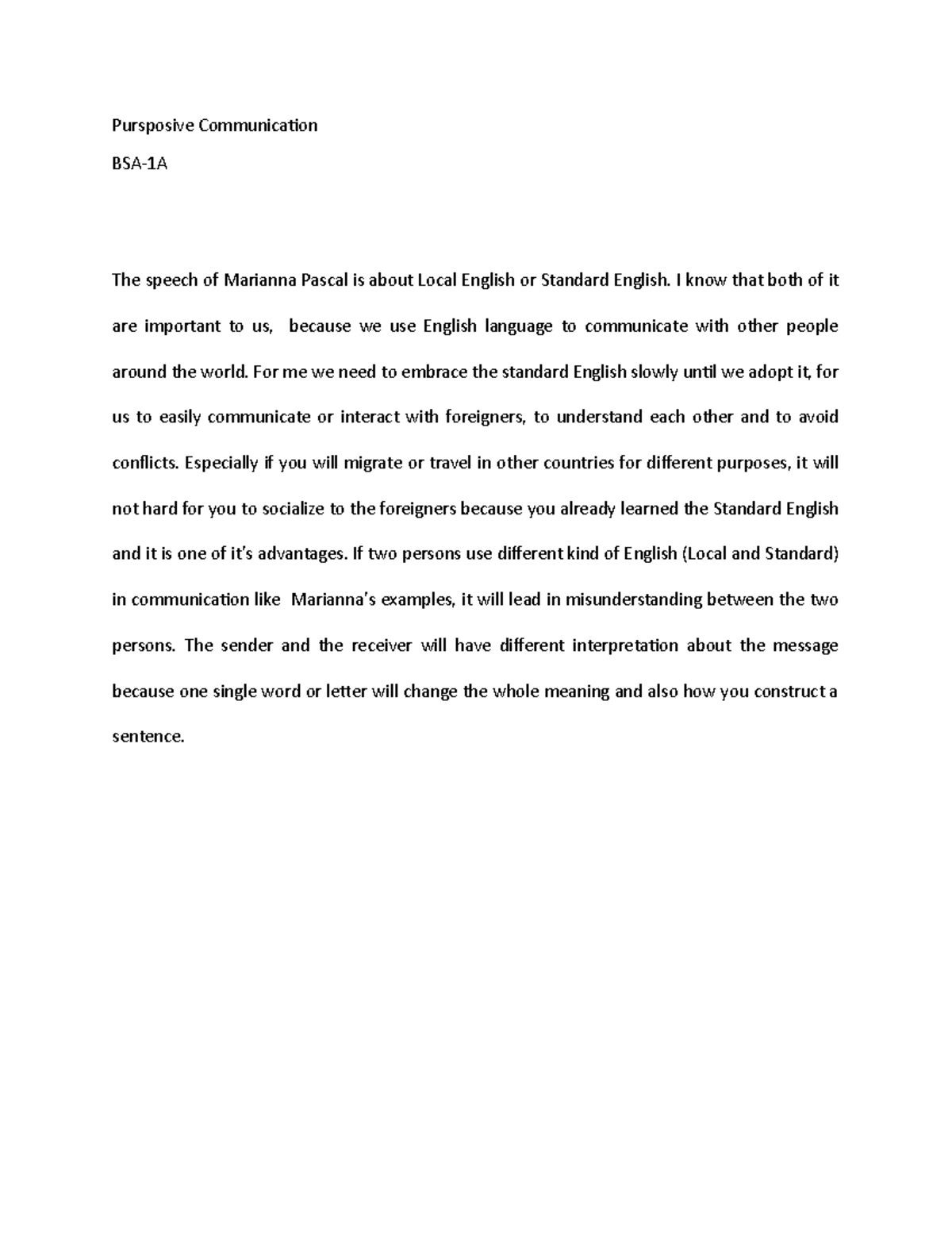 Purposive - English Language - Pursposive Communication BSA-1A The ...