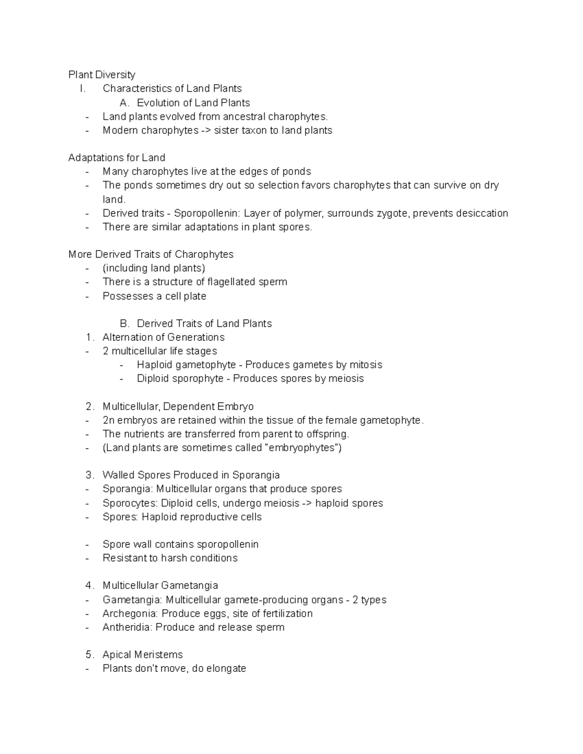 Plant Diversity I II - Plant Diversity I. Characteristics of Land ...