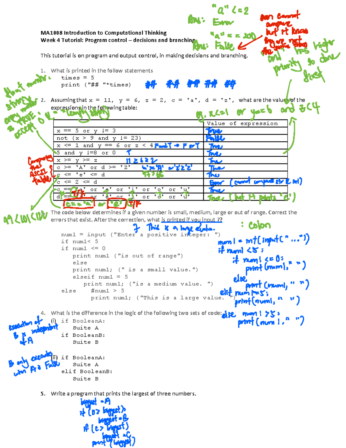 Week 4 Tutorial Branching and Selection - MA1008 Introduction to Computational Thinking Week 4 ...