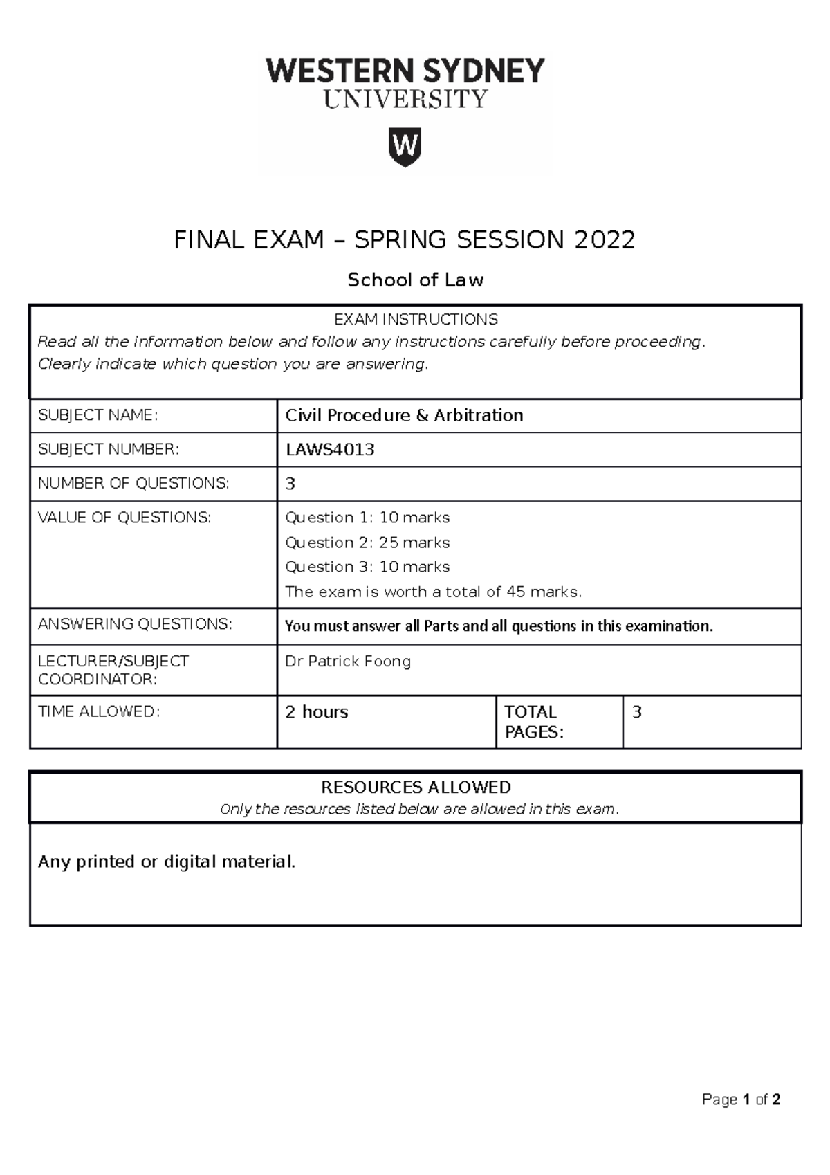 CPA Final Exam -Spring 2022 2 - FINAL EXAM – SPRING SESSION 2022 School ...