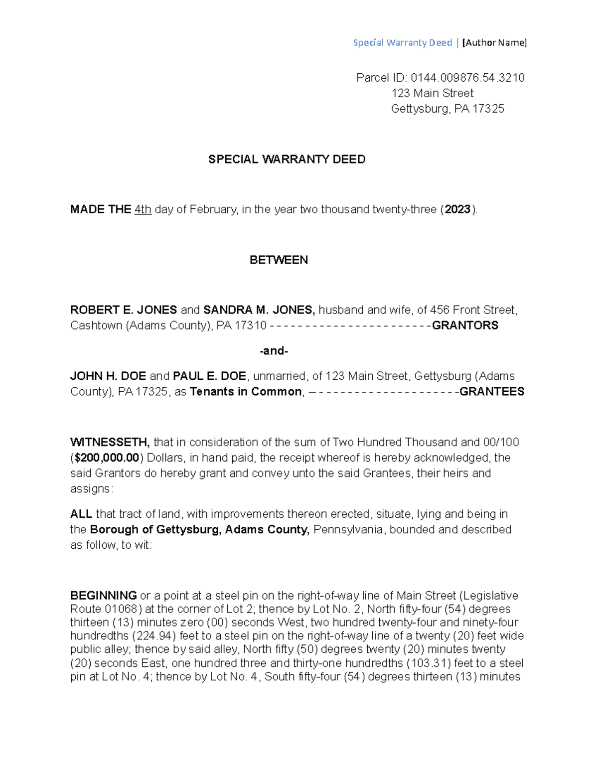 LAW201 Special Warranty Deed assignment - Parcel ID: 0144.009876. 123 ...