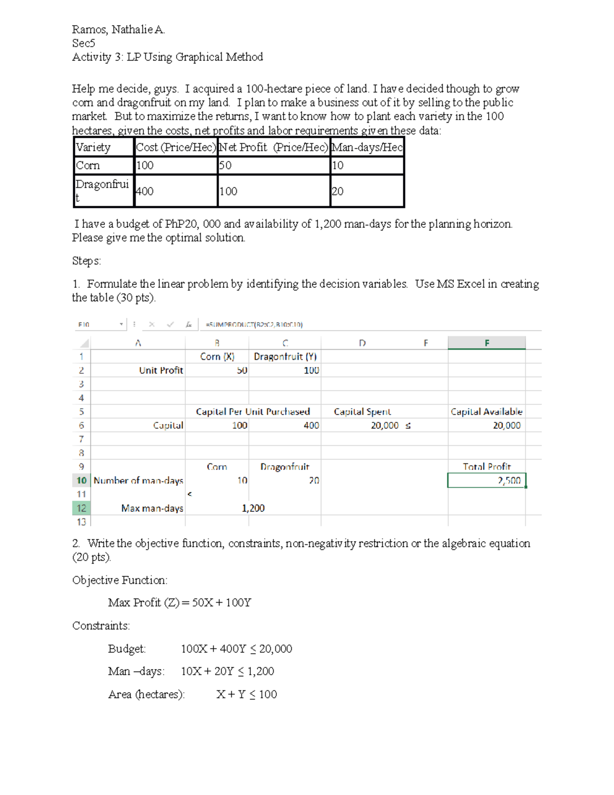 Ramos ACT3 - MAN SCI - Ramos, Nathalie A. Sec Activity 3: LP Using Graphical Method Help me ...