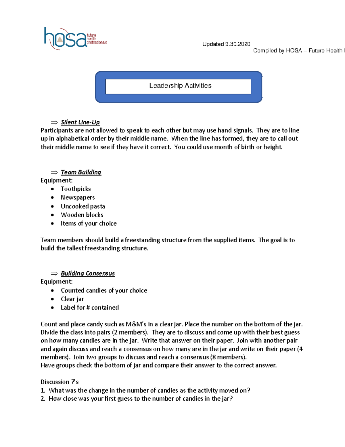 HOSA Leadership Activities 9 - Updated 9. Compiled by HOSA – Future ...