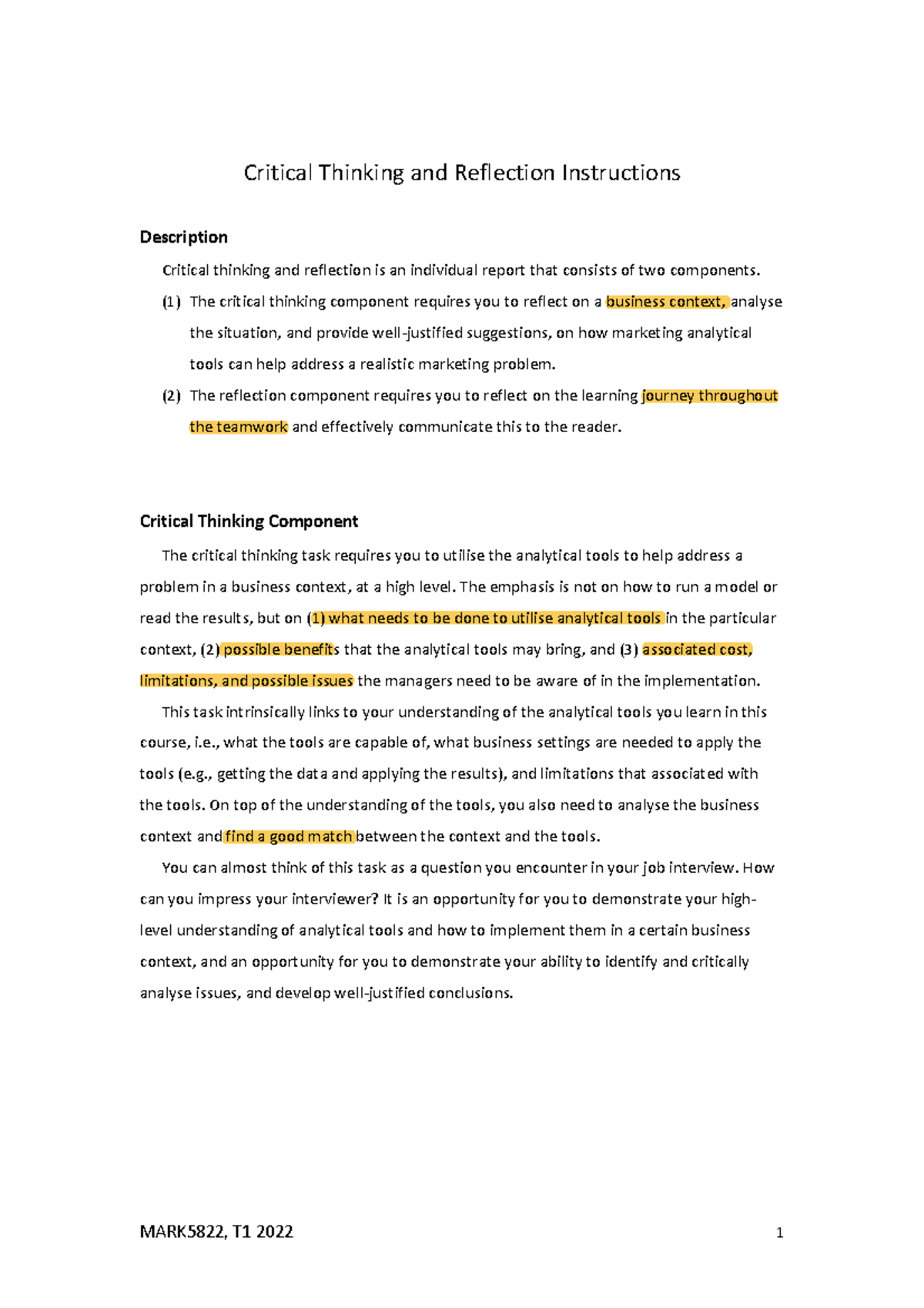 MARK5822 T1 2022 Critical thinking and reflection instructions ...