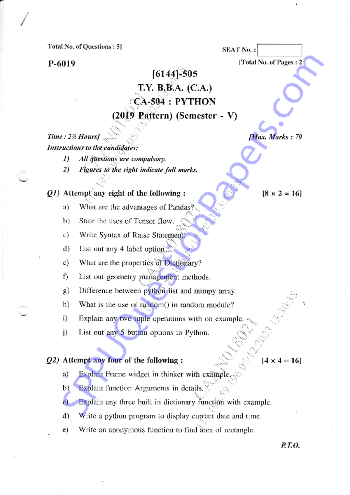 Commerce bba-ca semester-5 2023 november python-2019-pattern - I / Total No. of Questions: 5l P ...