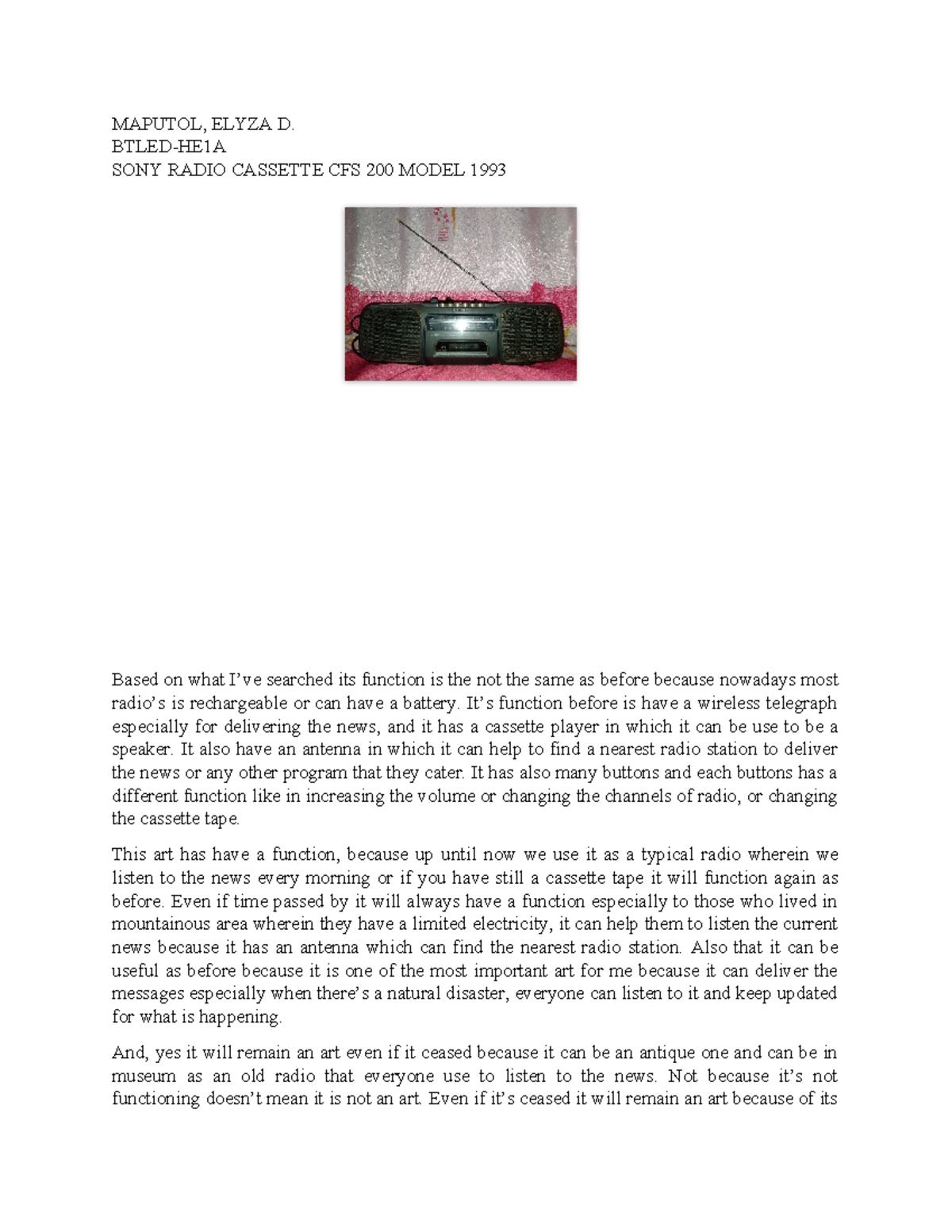 Function OF ART Maputol Btled HE 1A - MAPUTOL, ELYZA D. BTLED-HE1A SONY RADIO CASSETTE CFS 200 ...